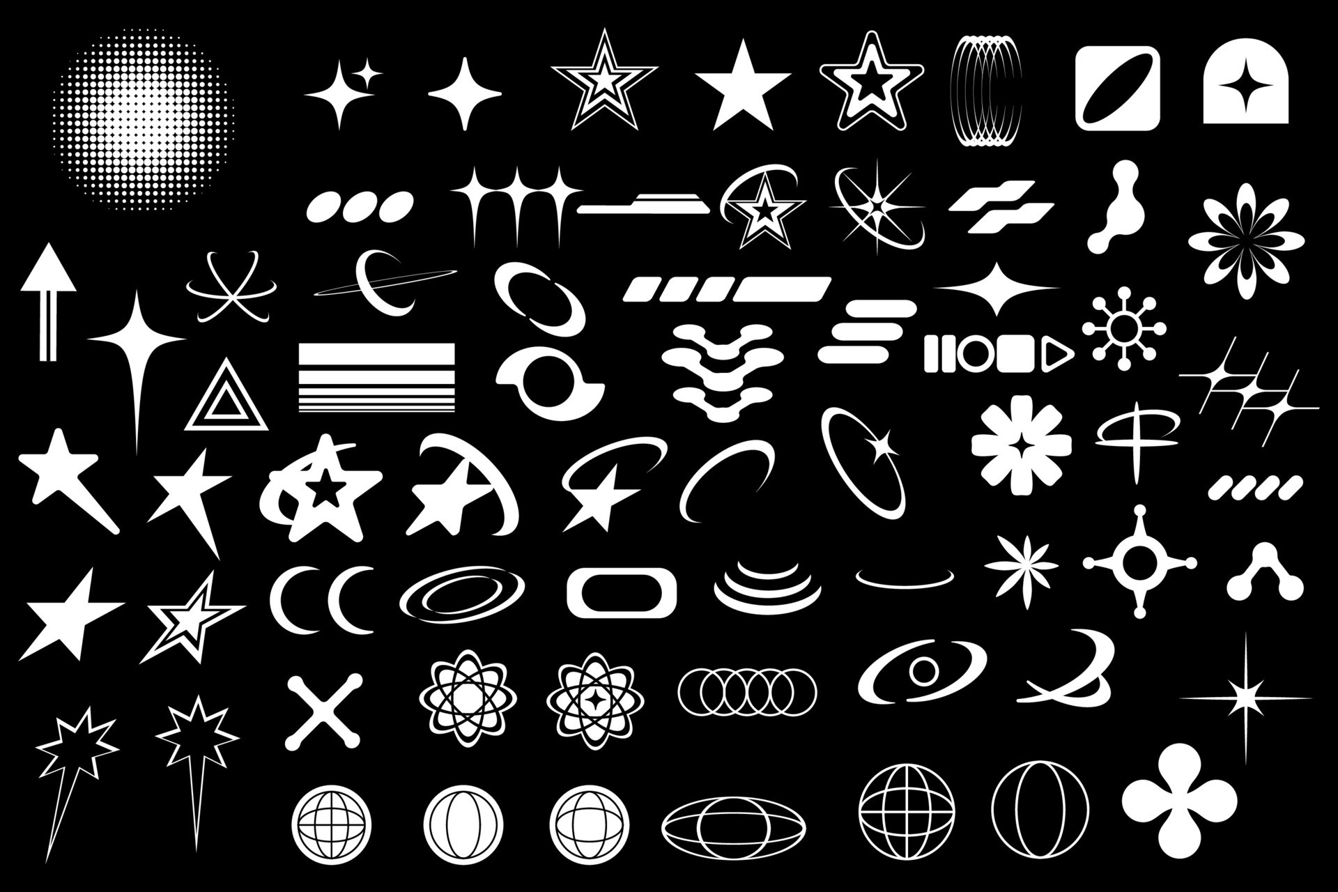 Set of black and white abstract y2k geometric elements and shapes. Retro line design elements ...