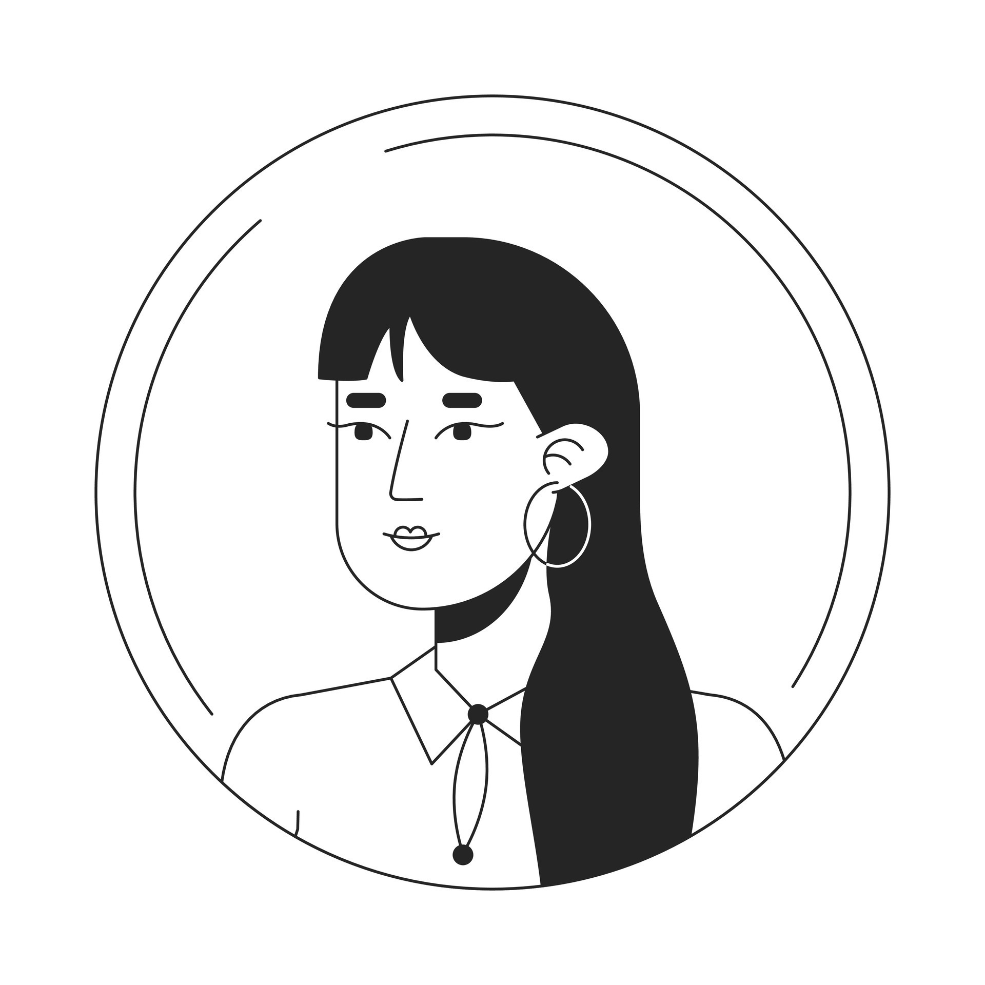 Brunette Asian Woman Black White Cartoon Avatar Icon Long Hair Pretty Face Editable 2d