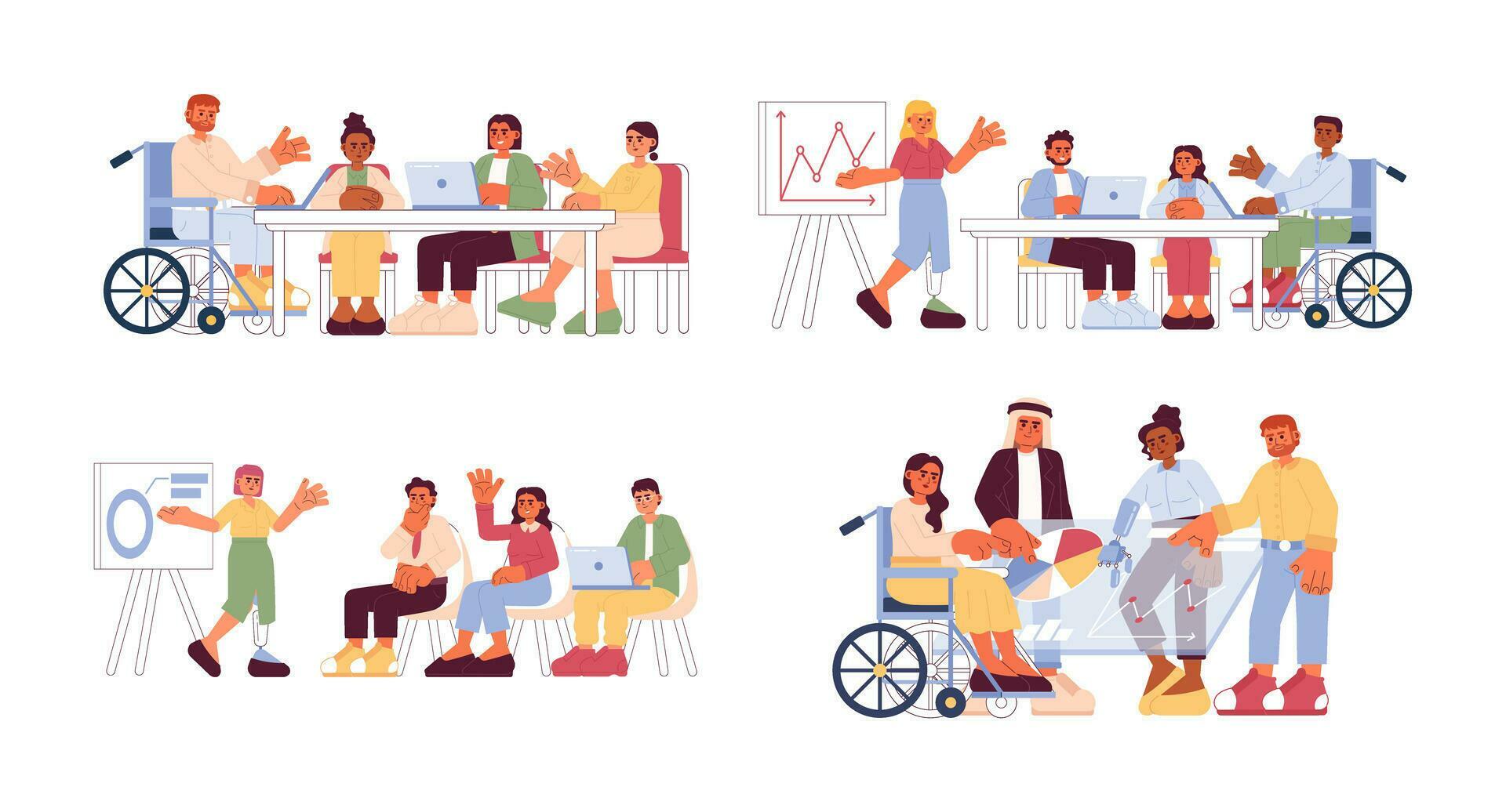 Diverse team working together cartoon flat illustration set. Diversity coworkers 2D characters ...