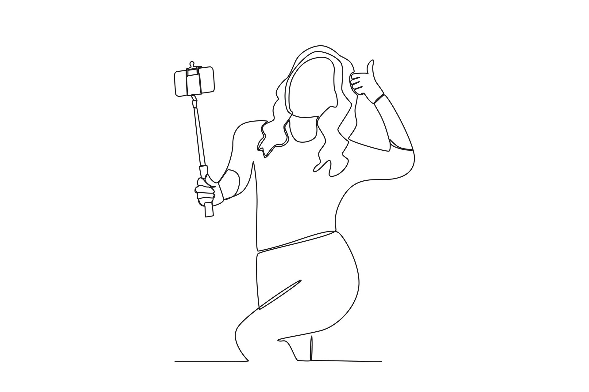 One continuous line drawing of a The female vlogger closes her vlog by ...