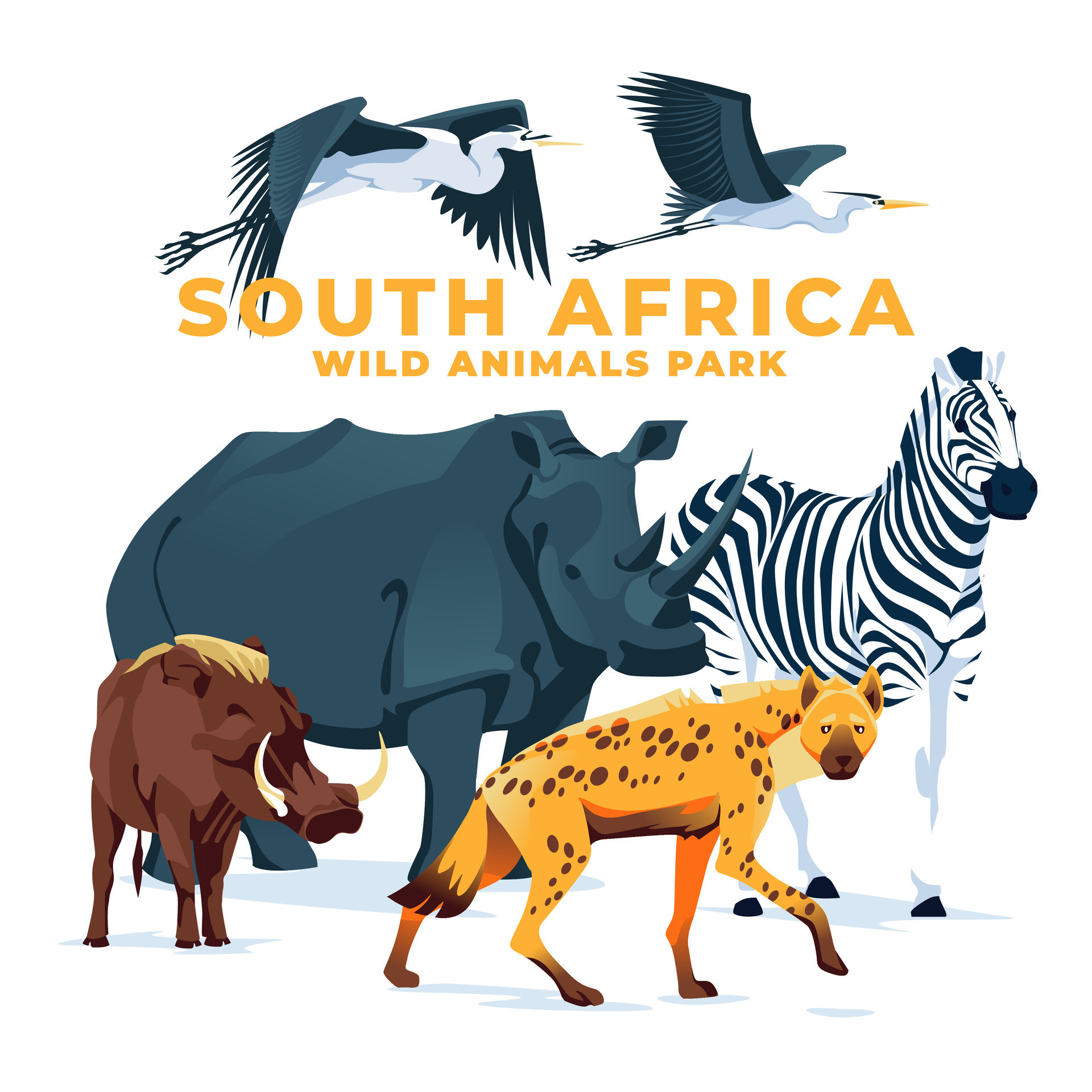 Wild African animals set on a white background zebra, ostrich ...