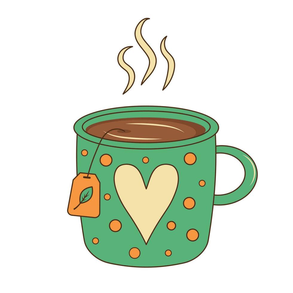 Cute mug with heart. Cozy tea cup with steam. Colorful contour ...