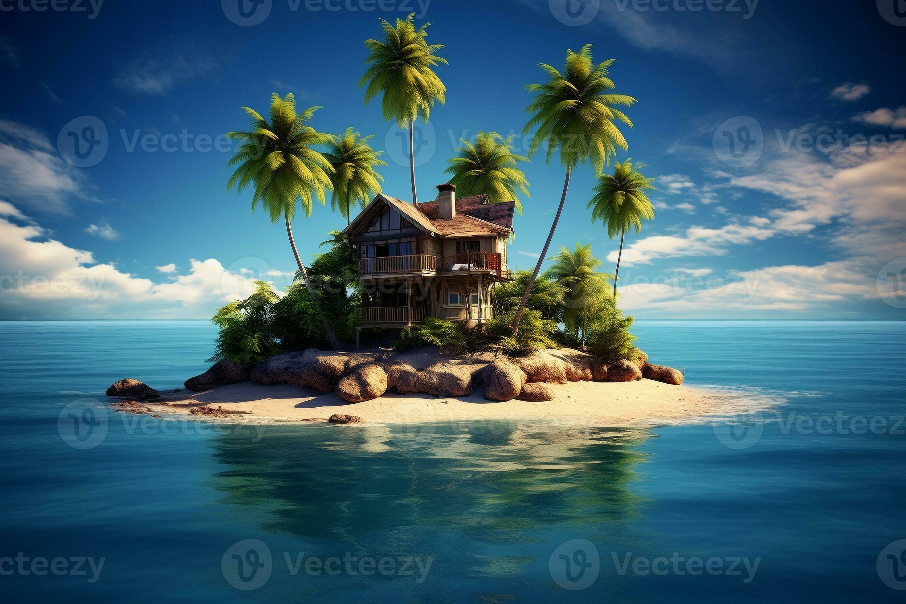 Tiny island in the middle of the ocean with beach house and palms 28635687 Stock Photo at Vecteezy