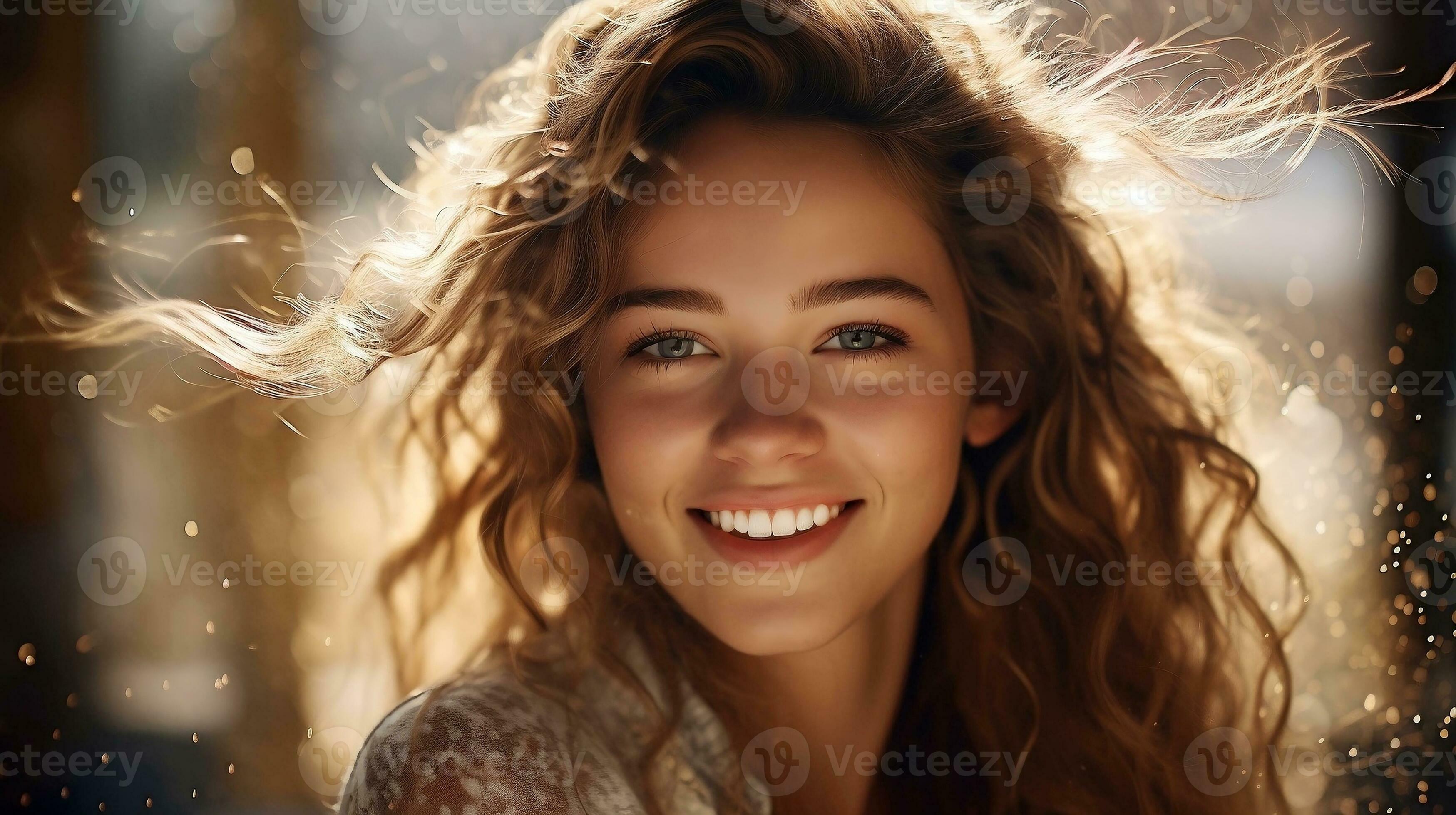 Beautiful girl with charming smile close up. Outdoors atmospheric lifestyle photo of a young ...