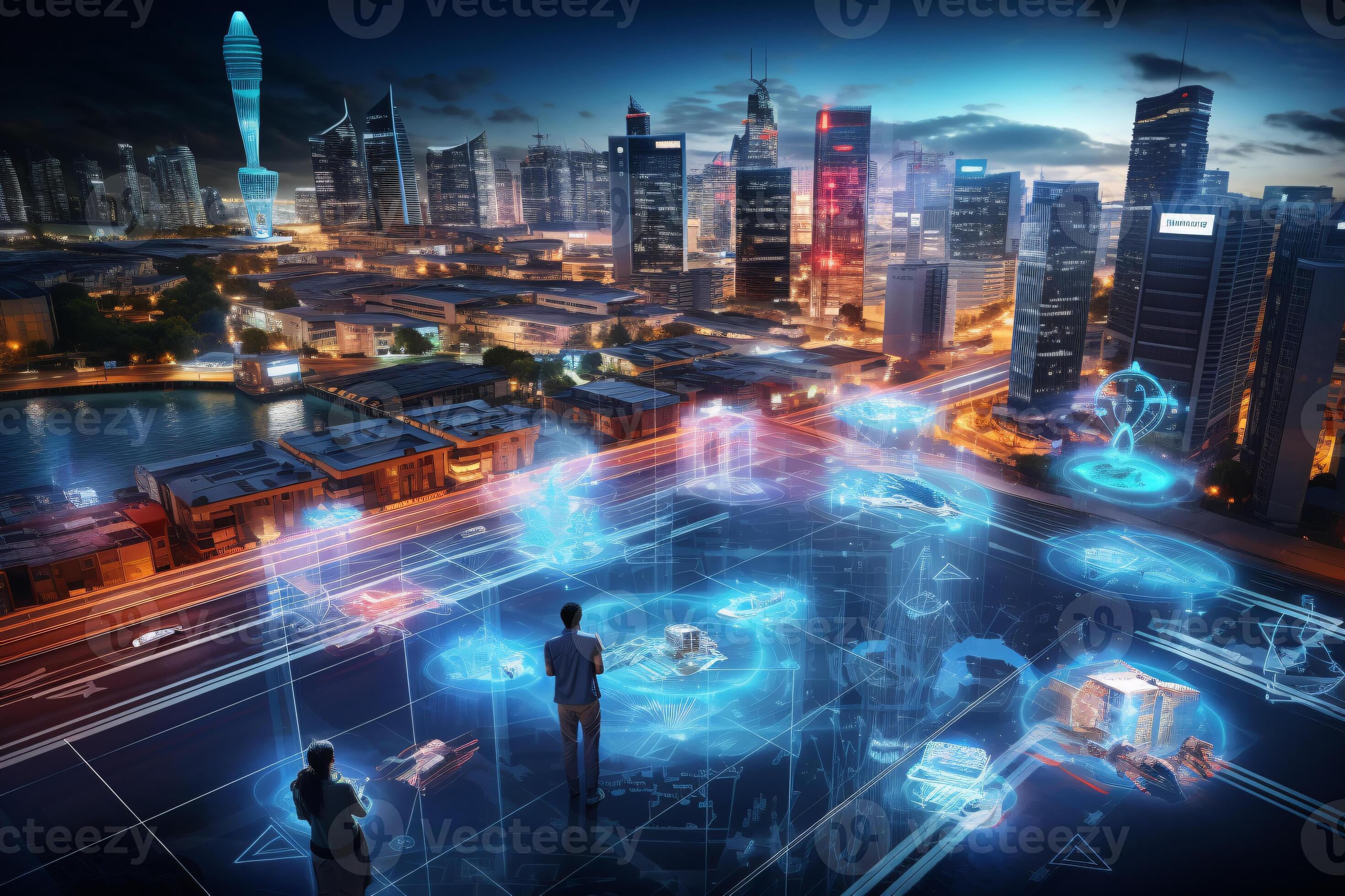 Futuristic Cityscape with 5G Connectivity Highlighting IoT Devices and Holographic Interfaces AI ...