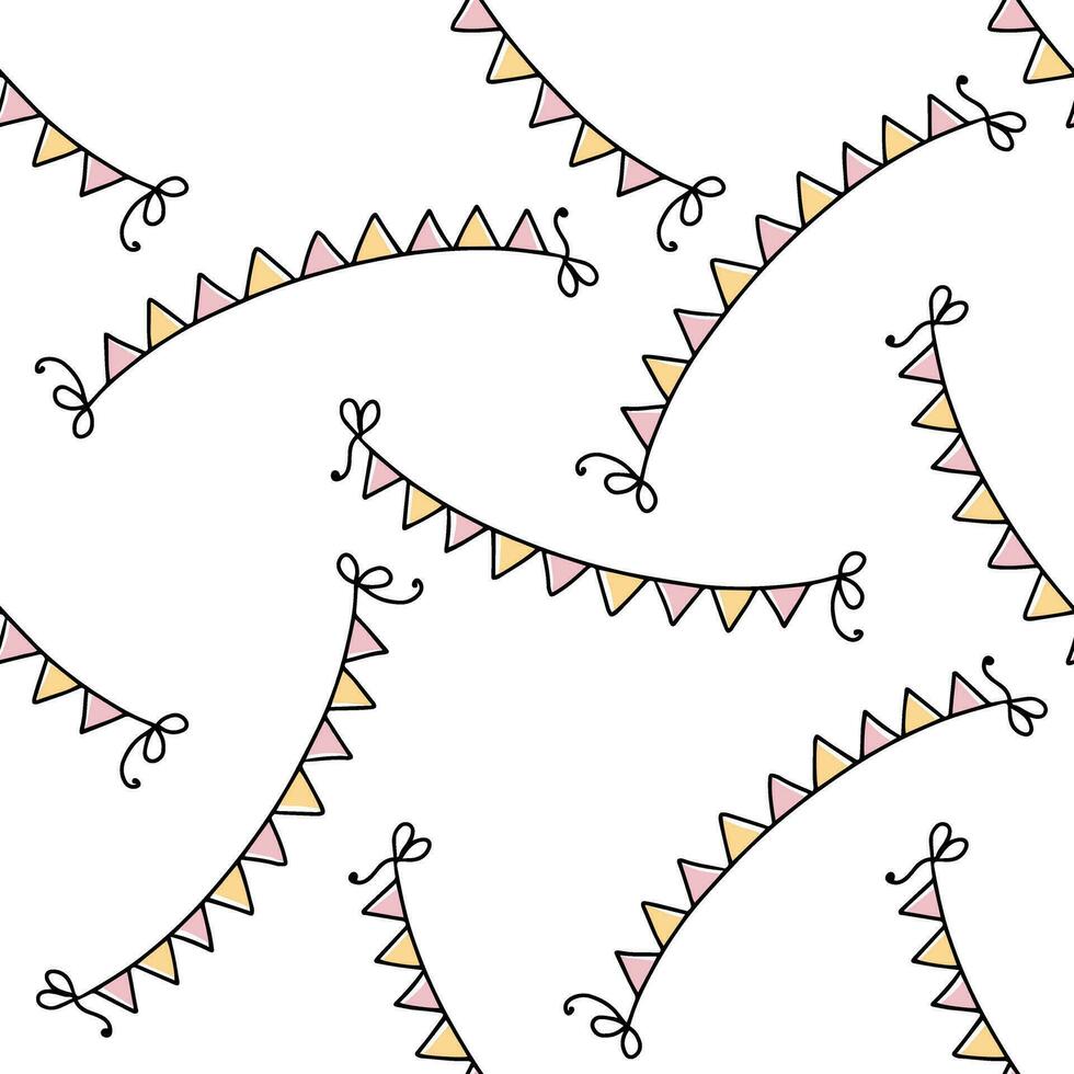 Doodle-style seamless pattern of flags on a string. Festive concept. Hand drawn color vector ...