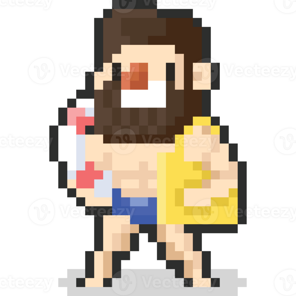 Pixel Art Cartoon Beard Man Character With Swimming Items 28651781 Png