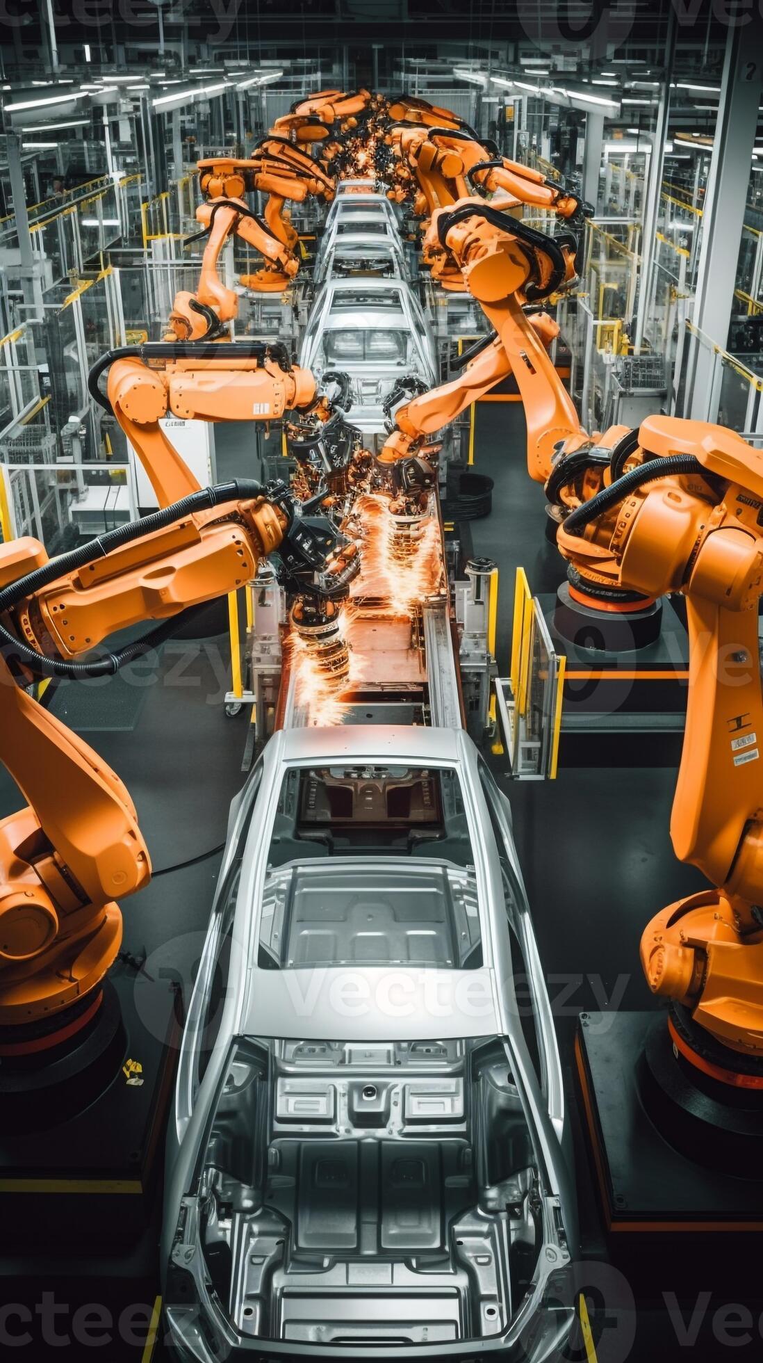 Overhead view of robotic precision on an automotive assembly line ... Overhead view of robotic precision on an automotive assembly line ...