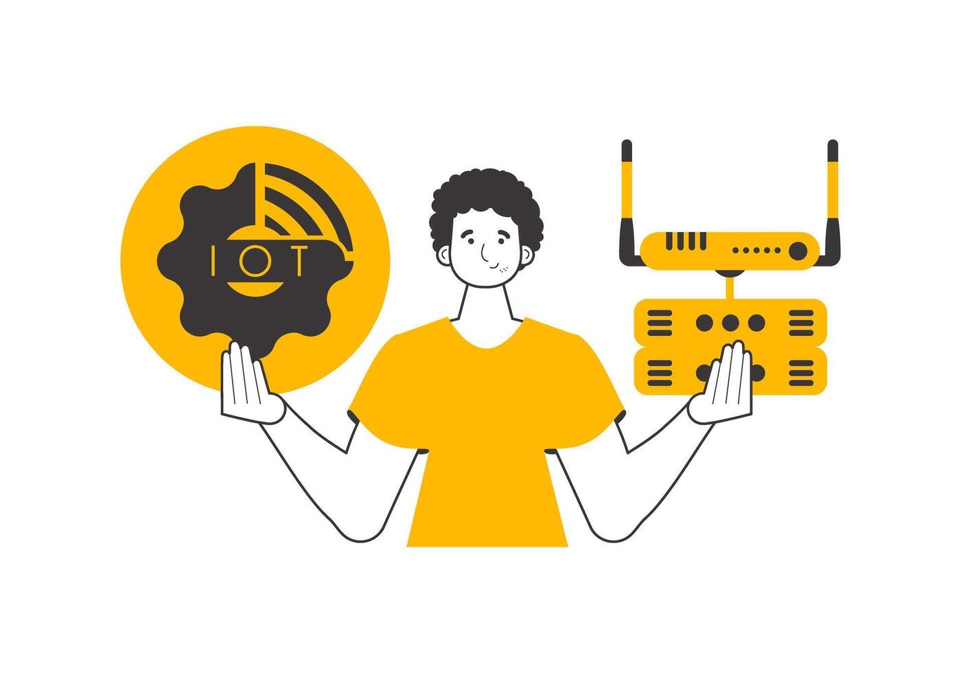 A man holds the IOT logo in his hands. Lineart style. Isolated. Vector ...