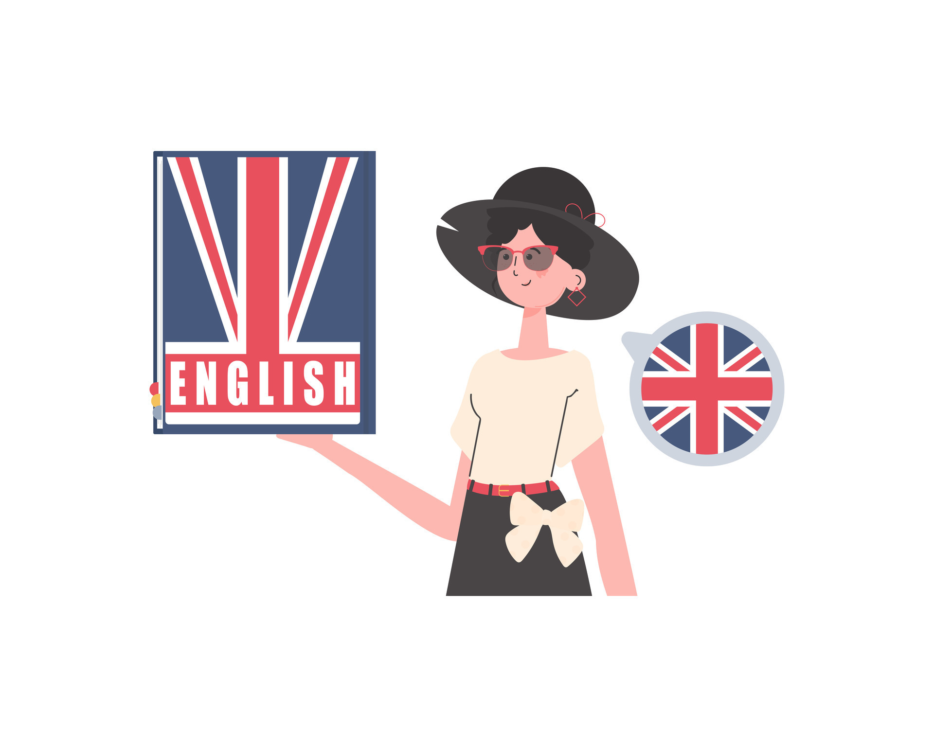 A woman holds an English dictionary in her hands. The concept of learning English. Isolated ...