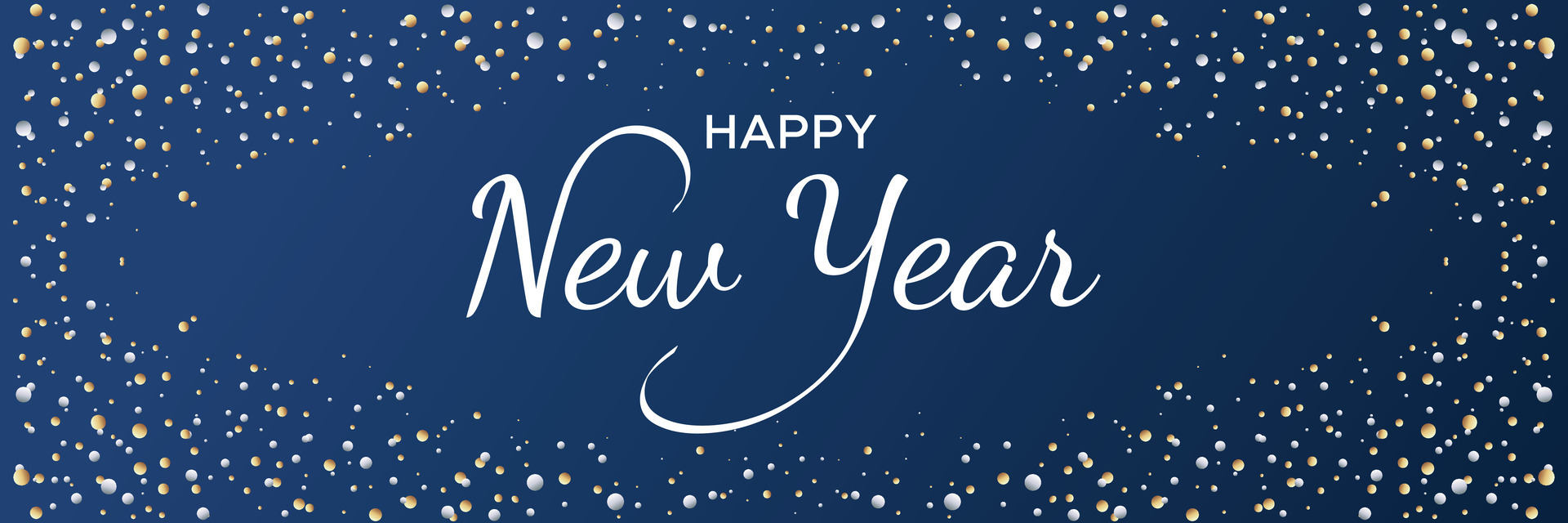 Happy New Year Surprise Card With Gold And Silver Abstract Confetti On Dark Blue Background