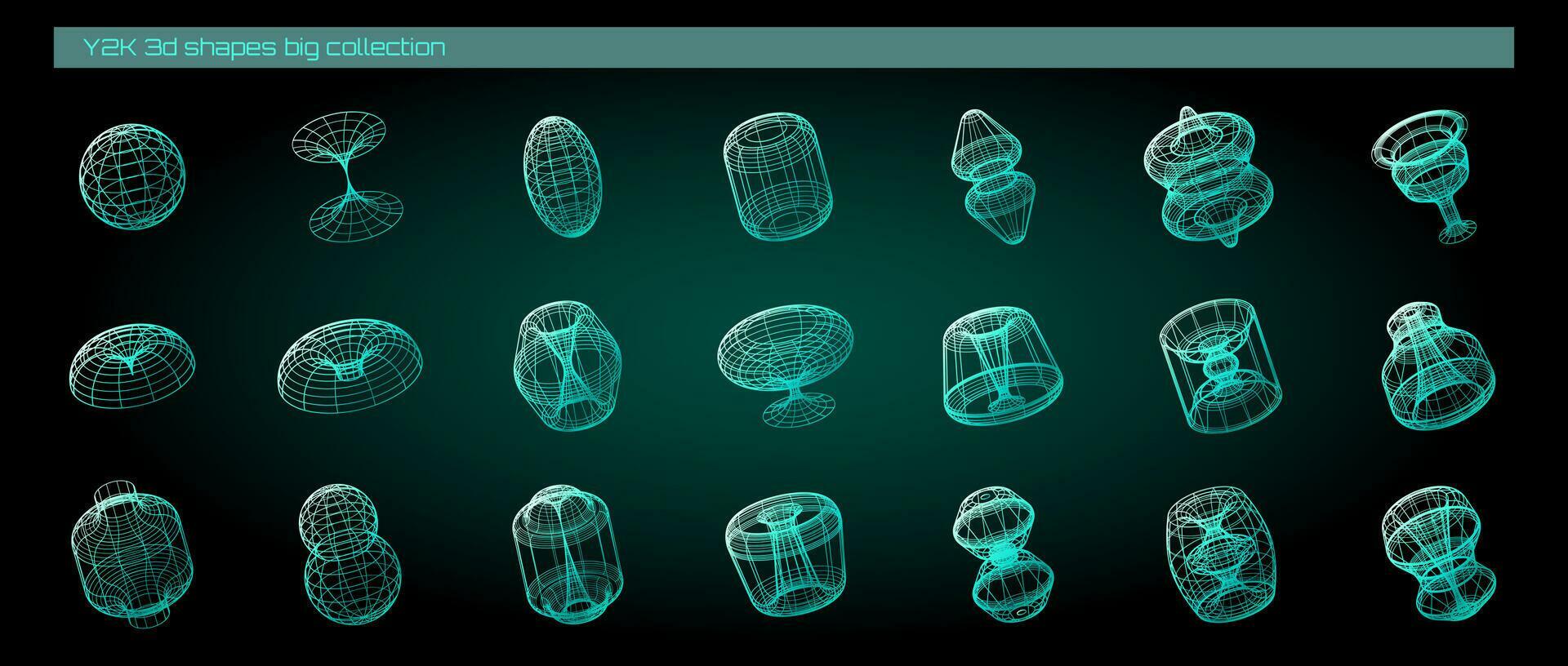 Big set of y2k 3d dimensional vector shapes, geometric forms and figures, wireframes and ...