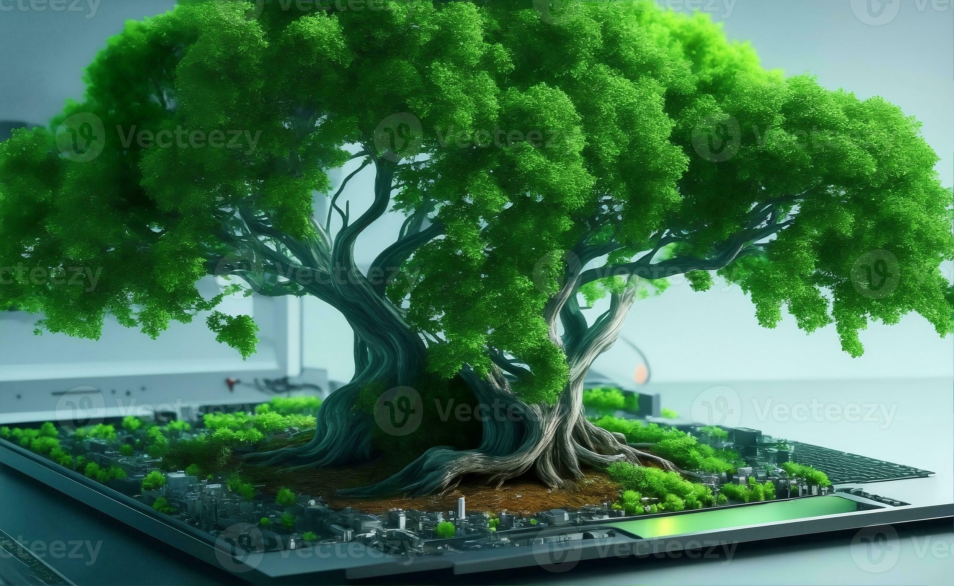 Green tree growing on computer motherboard, Generative AI Illustration ...