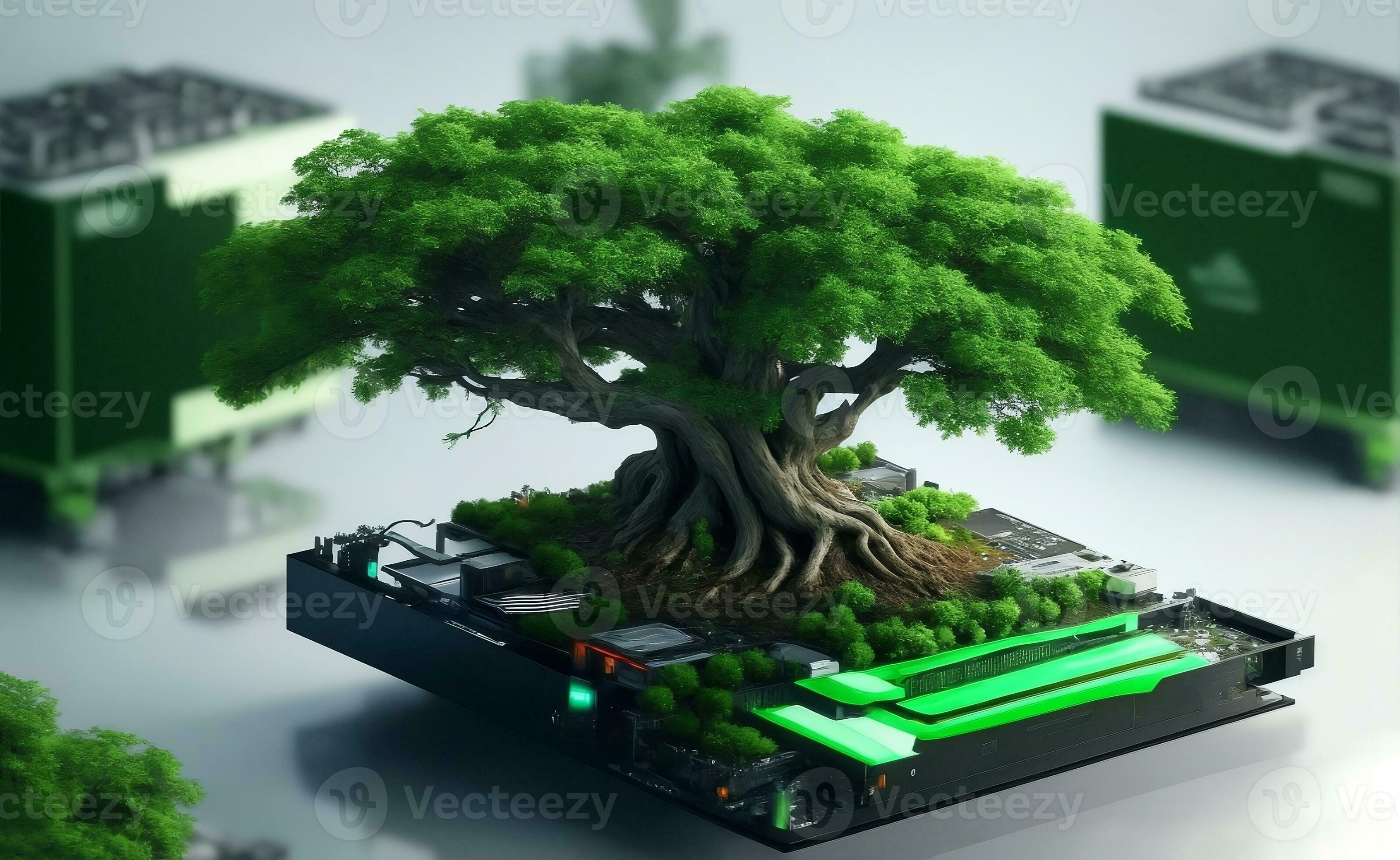 Green tree growing on computer motherboard, Generative AI Illustration ...