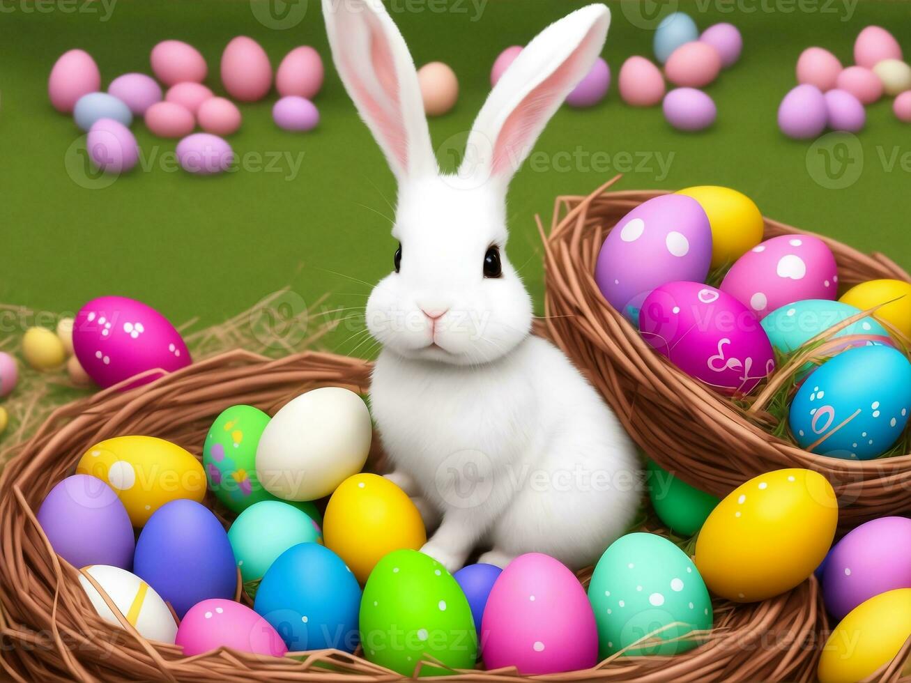 Happy bunny rabbits with easter eggs, Generative AI Illustration ...