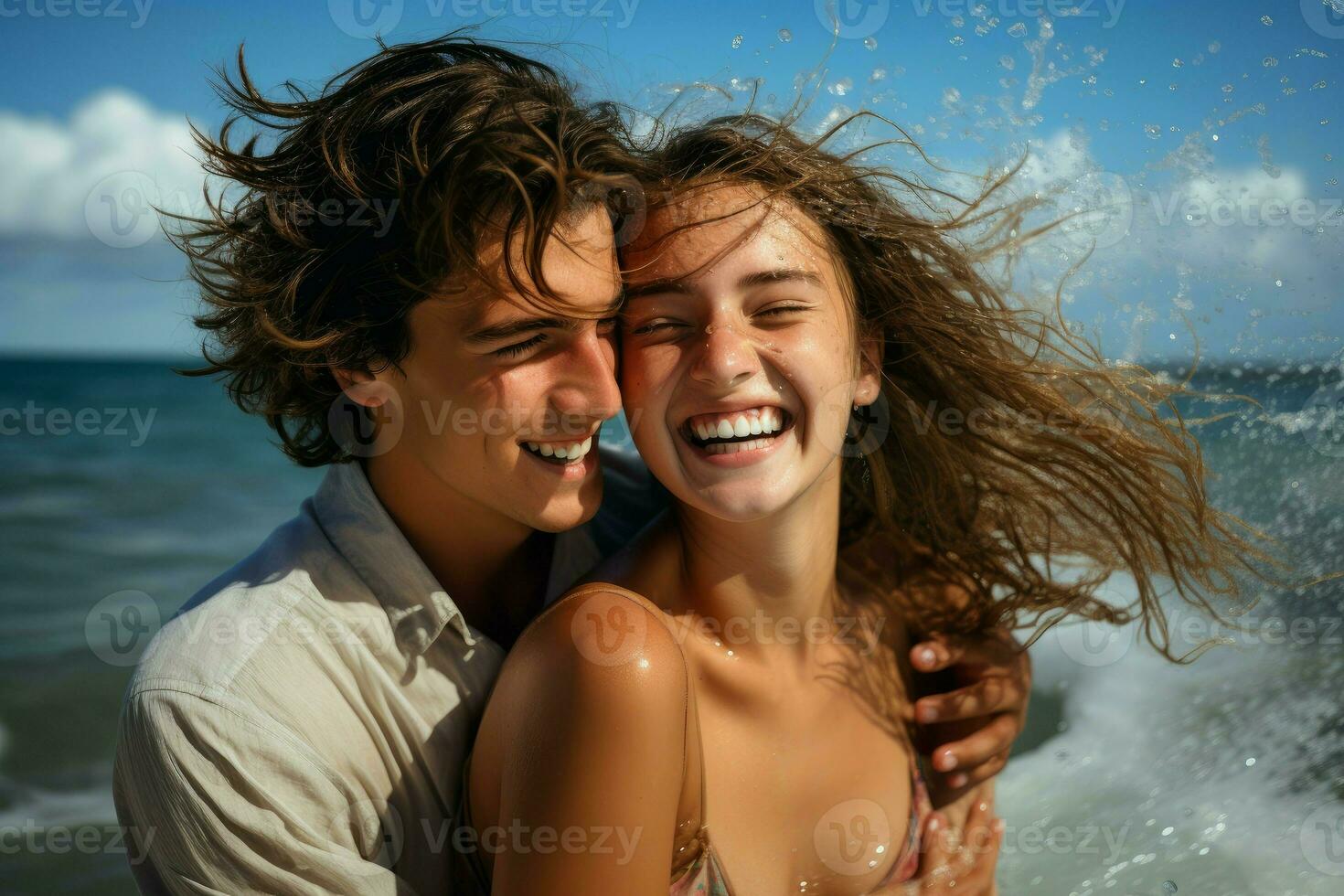 Young couple seashore beach hug. Generate Ai 28668691 Stock Photo at Vecteezy