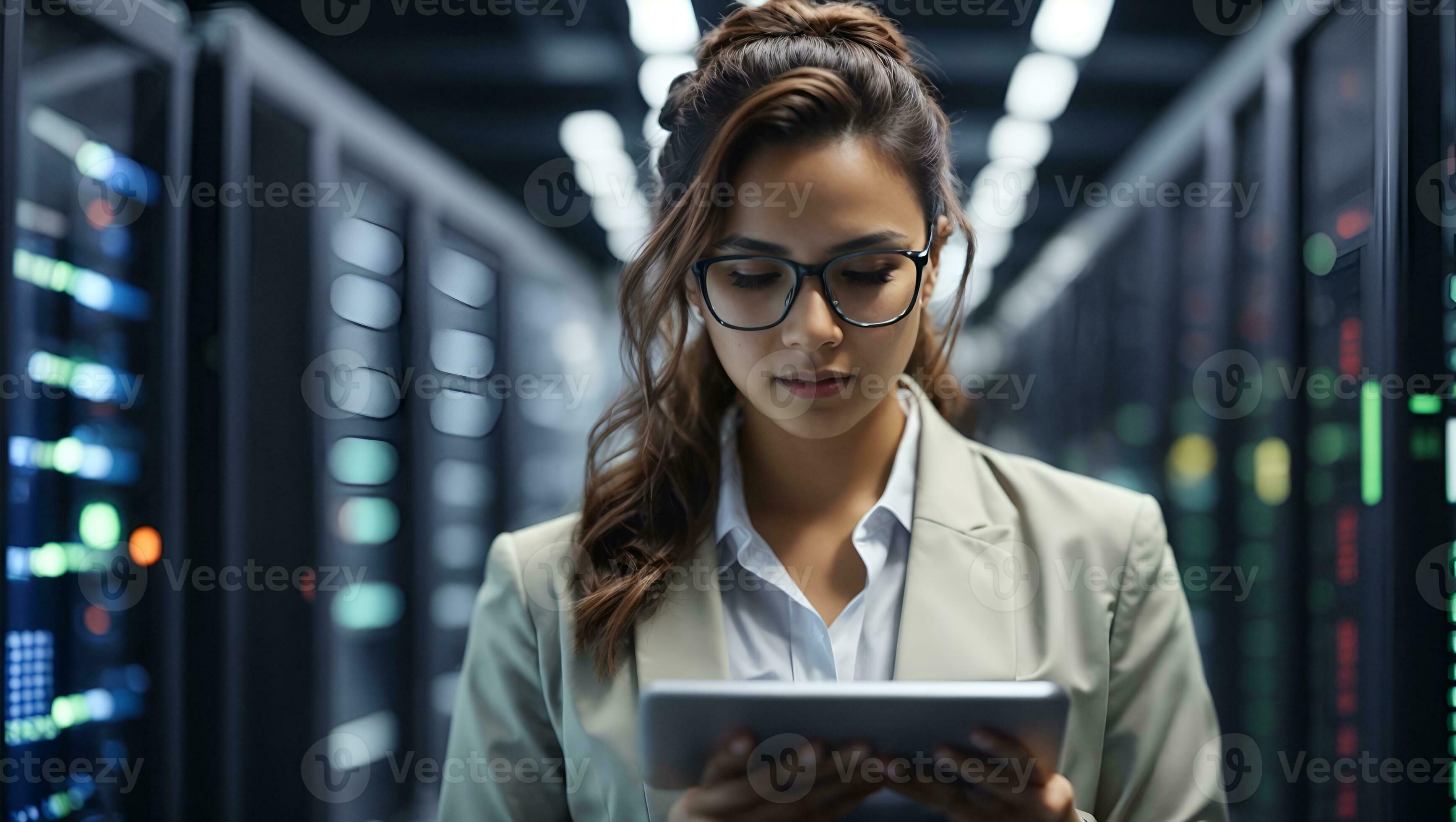Successful Female Data Center IT Specialist Using Tablet Computer ...