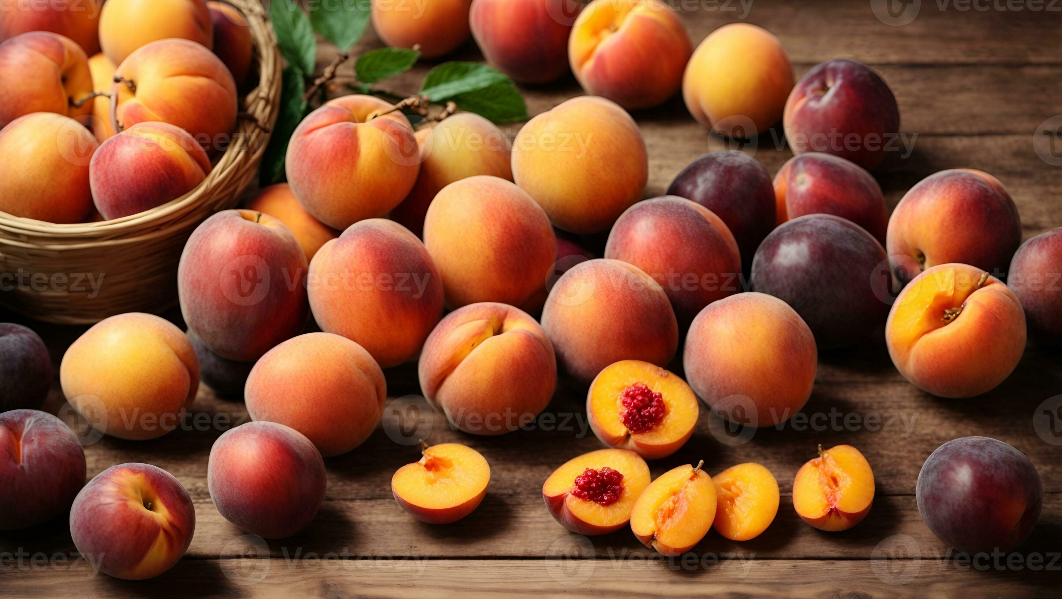 Fresh fruits. Apricot, peach, plums, nectarines. On a wooden background ...