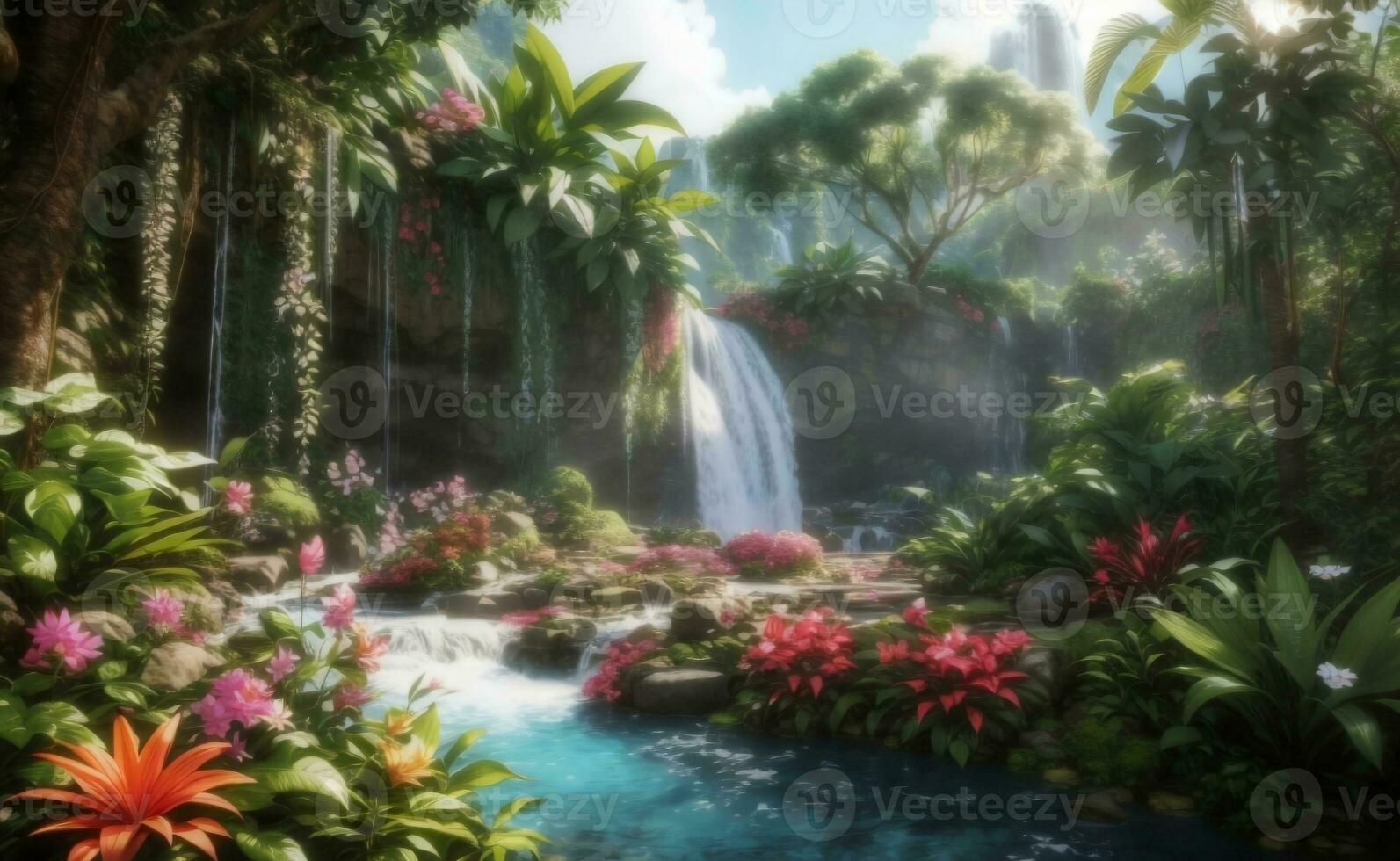 A waterfall in forest with blooming flowers, Generative AI Illustration. 28678234 Stock Photo at ...