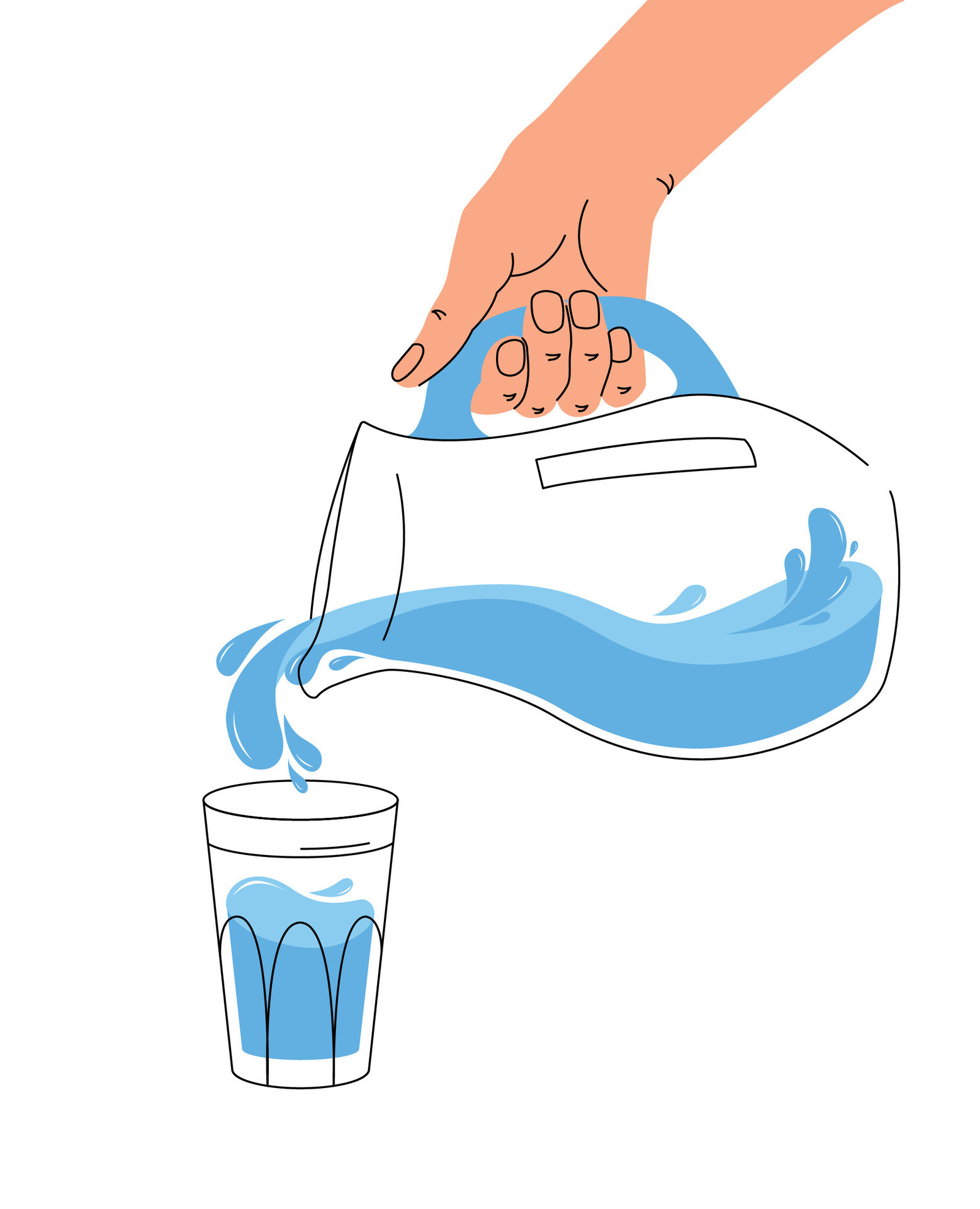 Hand pouring water from jug in glass. Vector illustration isolated on white background. Flat ...