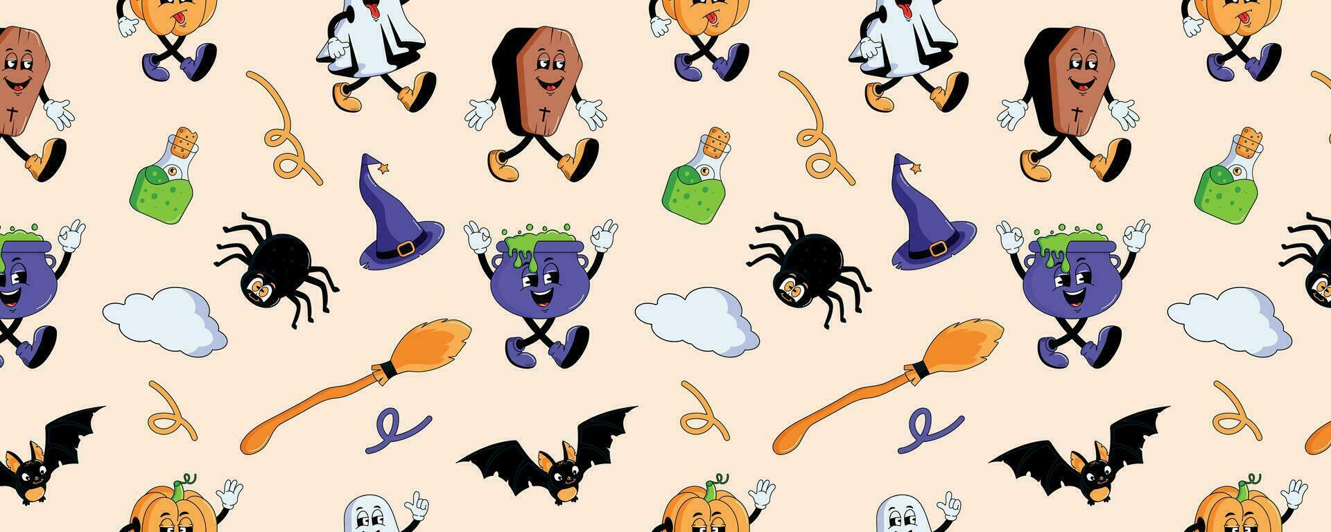Groovy Halloween seamless autumn pattern. Retro cartoon elements and ...