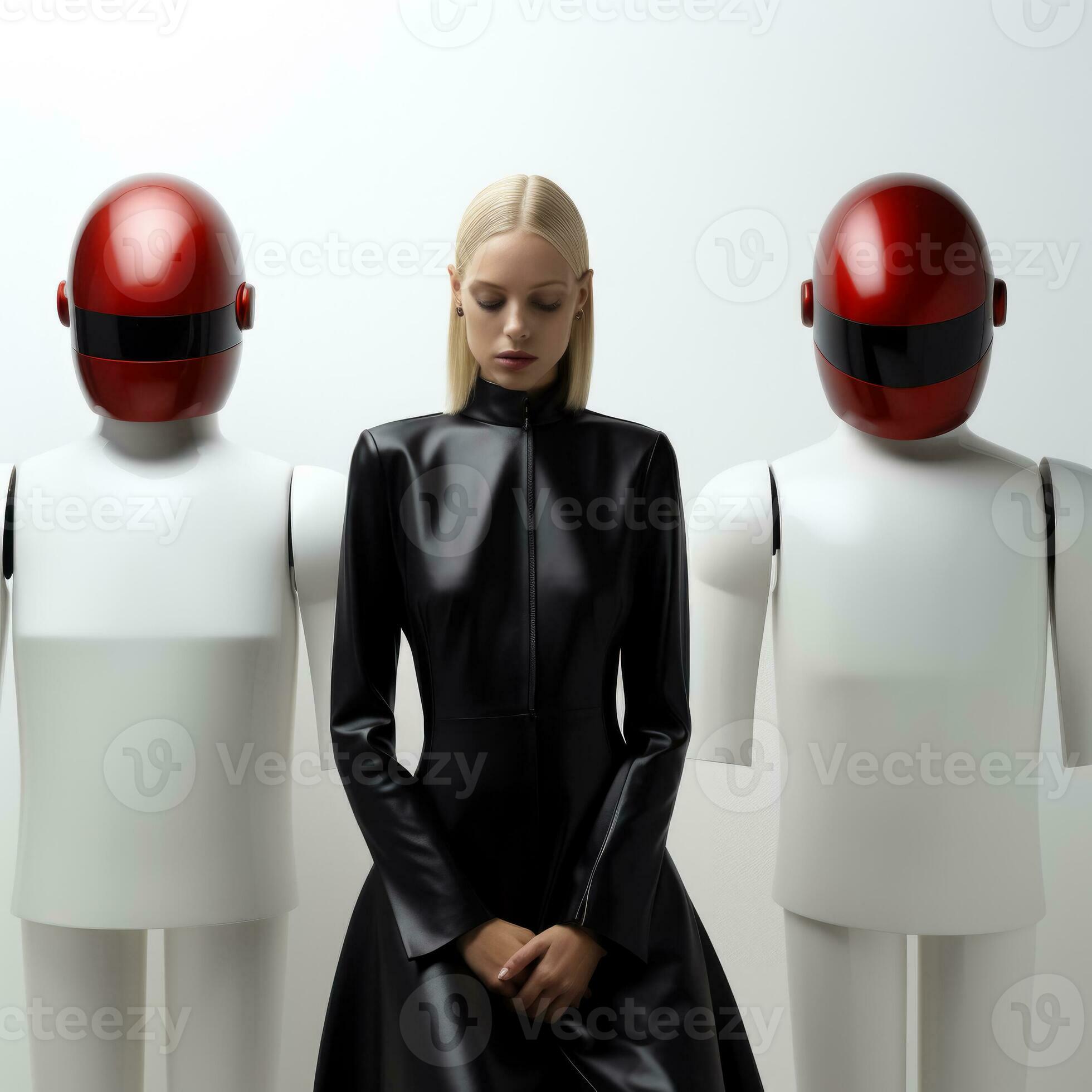 Android models pose in minimalistic glossy attire against starkly ...