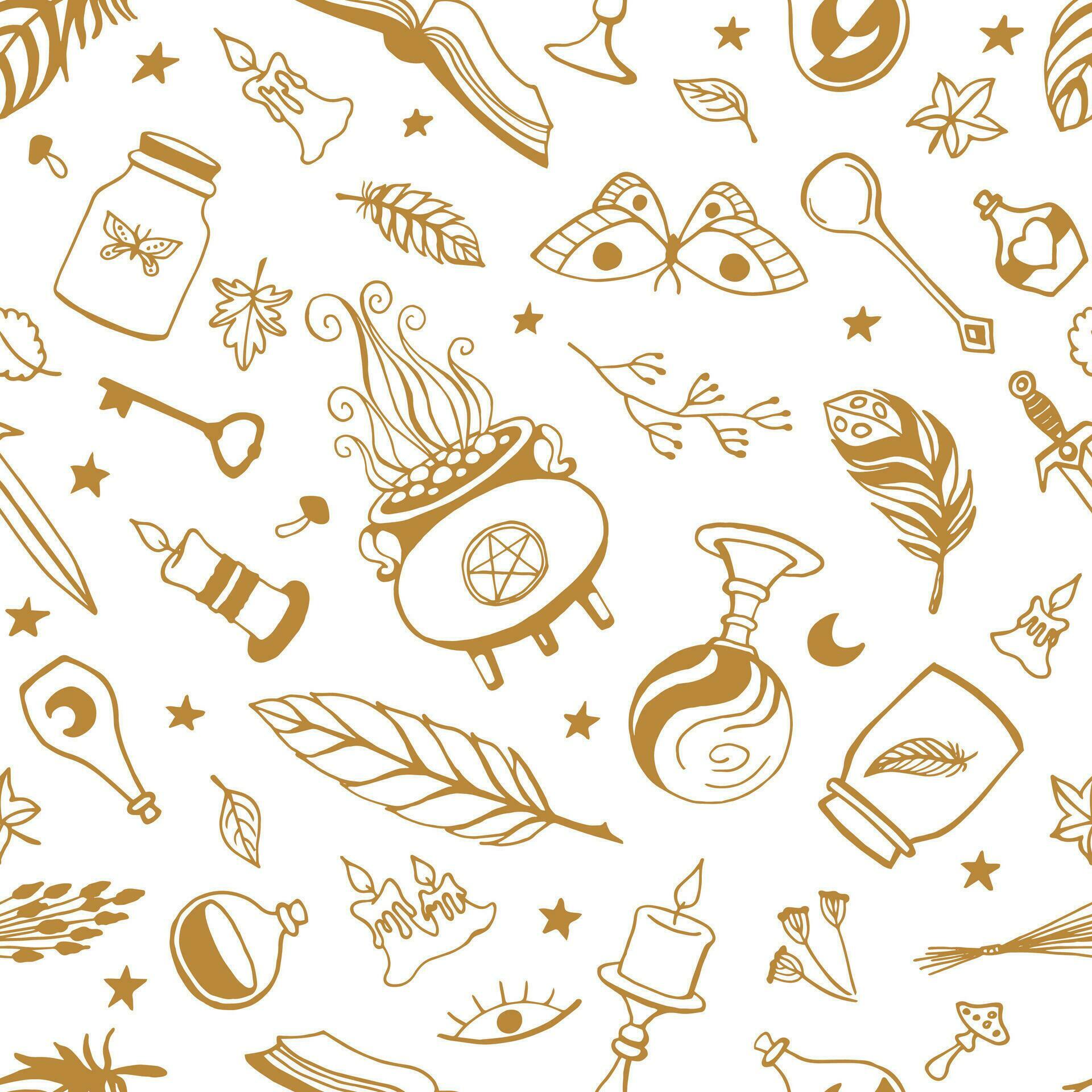 Seamless pattern with hand drawn magic tools, concept of witchcraft. Witchcraft, magic ...