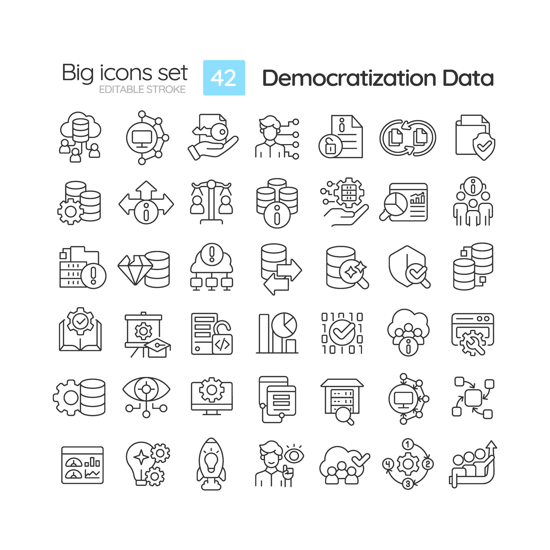 Editable Black Big Icons Set Representing Data Democratization Isolated Vector Thin Line