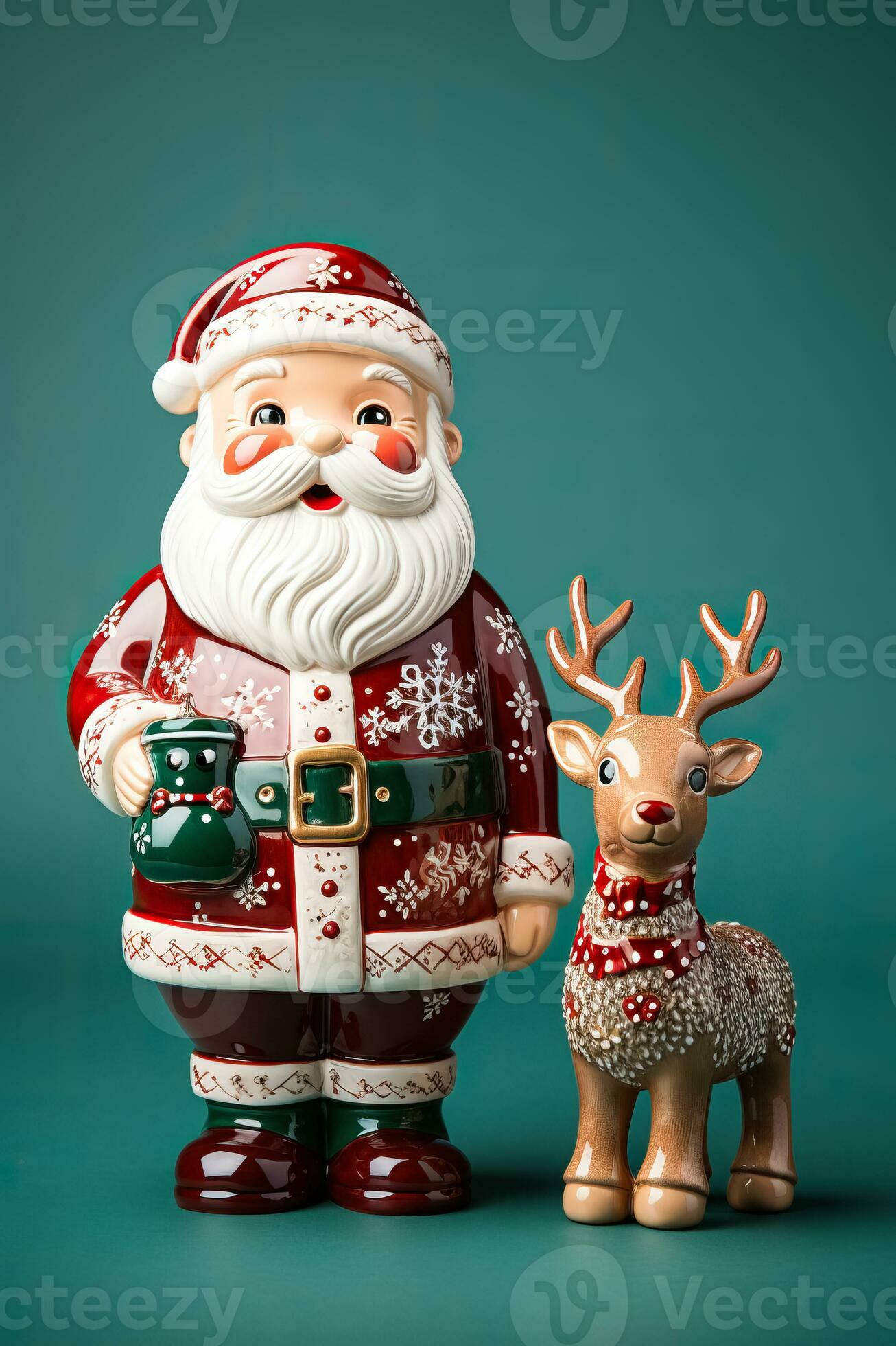 Classic ceramic Santa Claus and reindeer figurines isolated on a festive red and green gradient ...