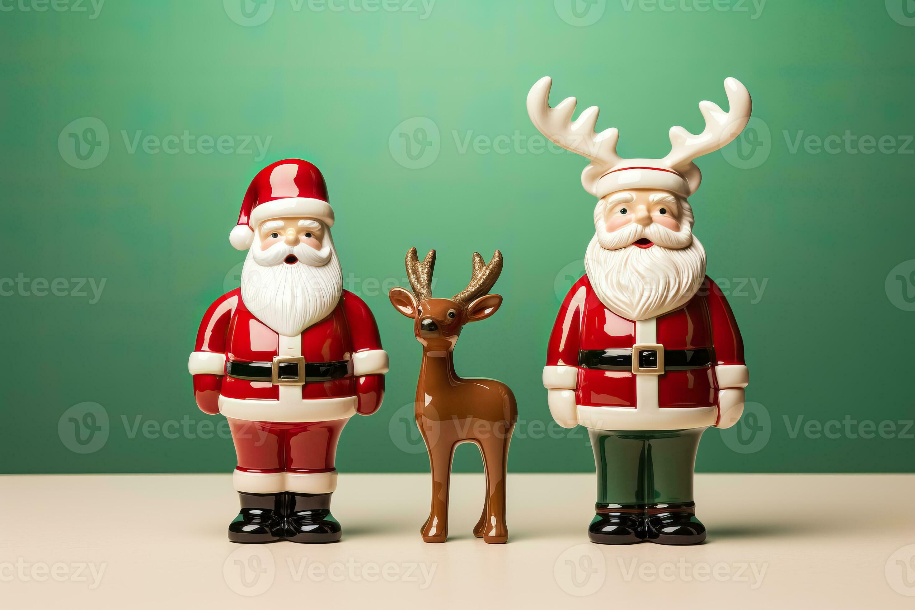 Classic ceramic Santa Claus and reindeer figurines isolated on a festive red and green gradient ...