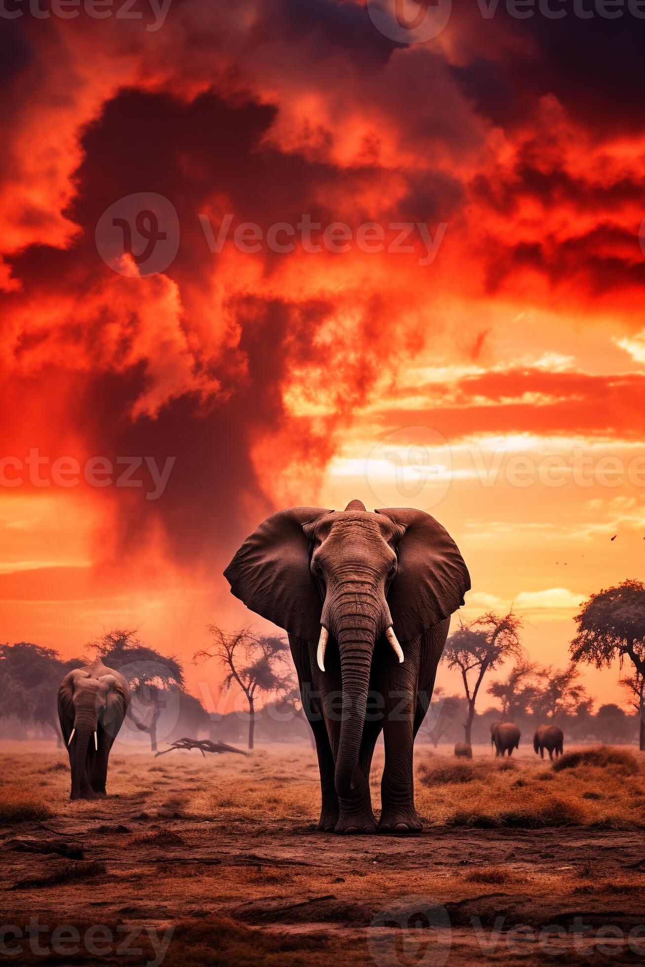 Stunning African safari scene at sunset with elephants, giraffes, and ...