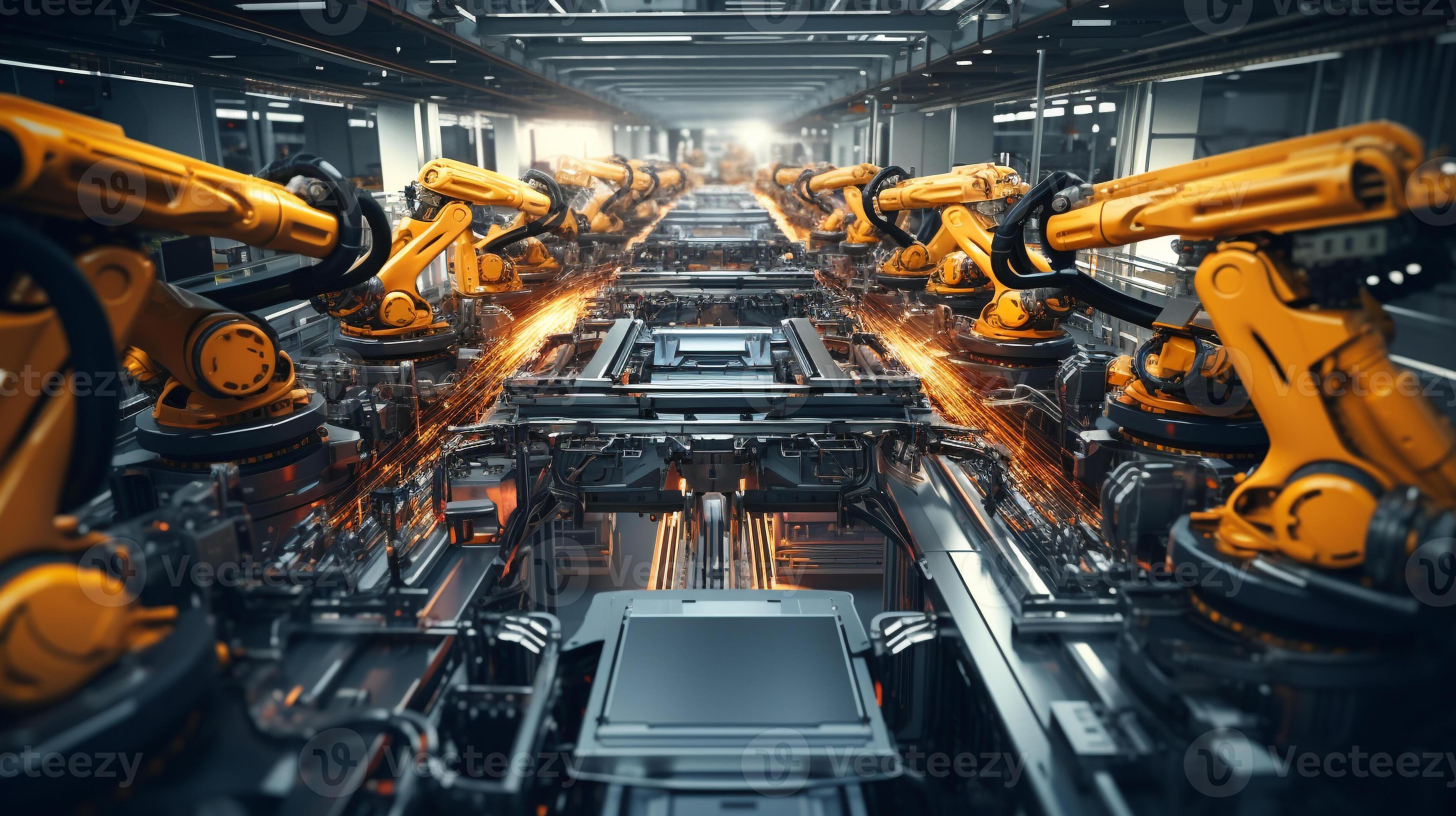 Overhead view of robotic precision on an automotive assembly line ... Overhead view of robotic precision on an automotive assembly line ...