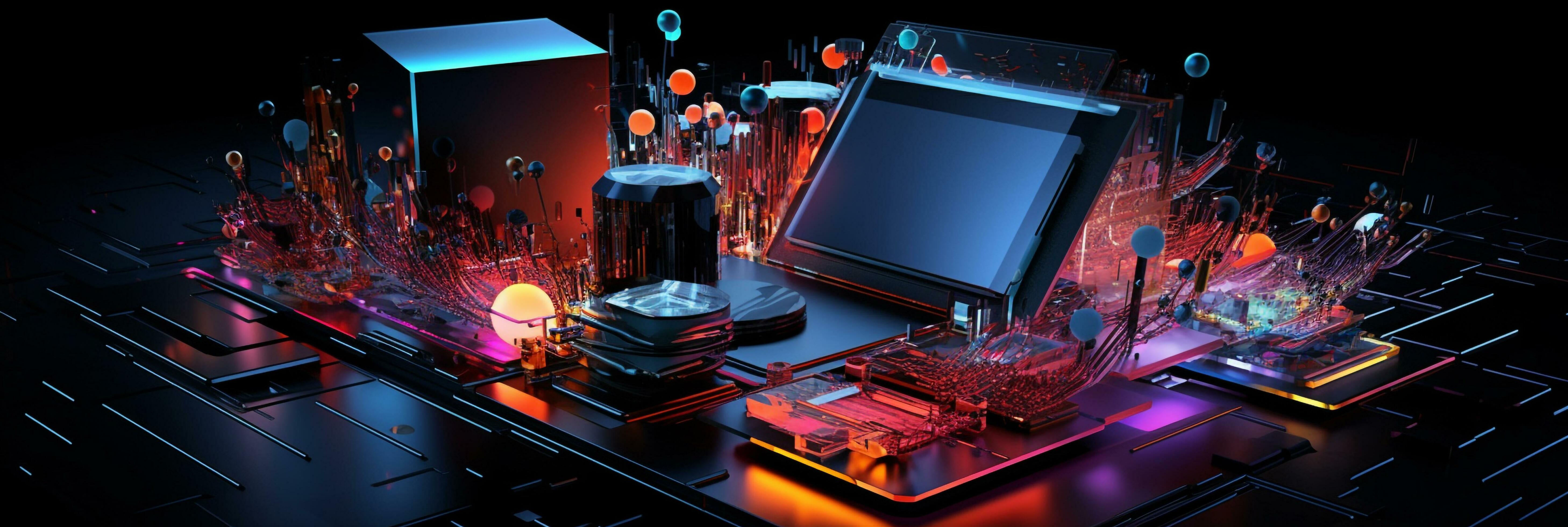 3D Abstract background Futuristic neon city background Tech world ...