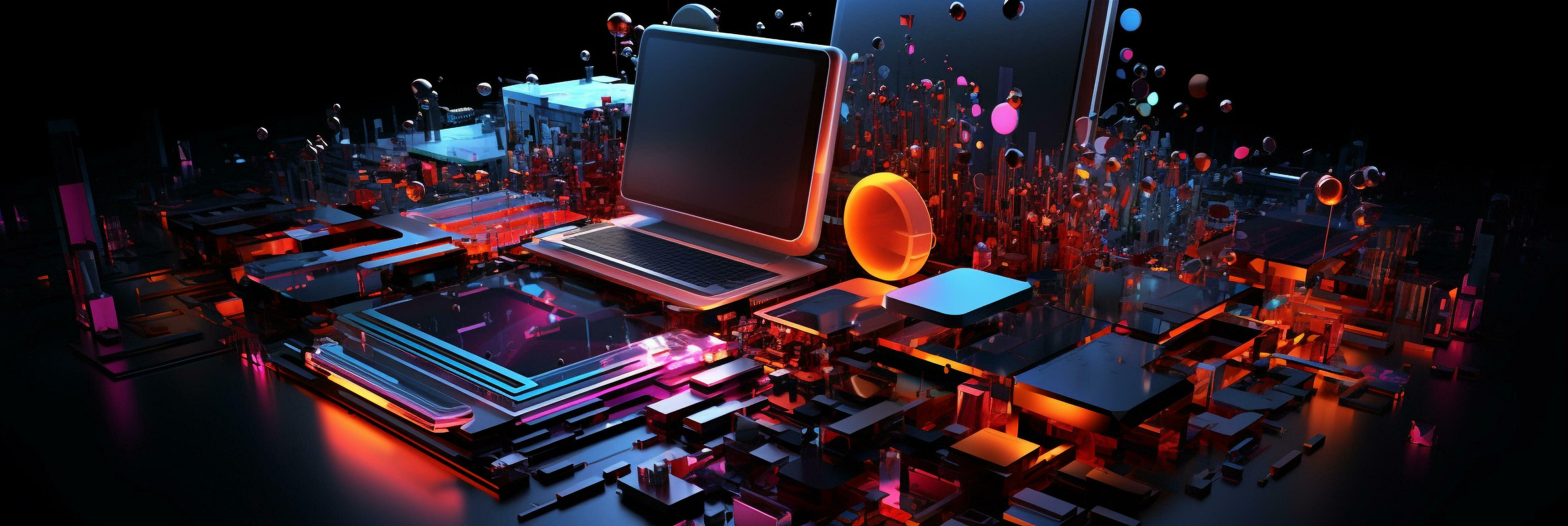 3D Abstract background Futuristic neon city background Tech world ...