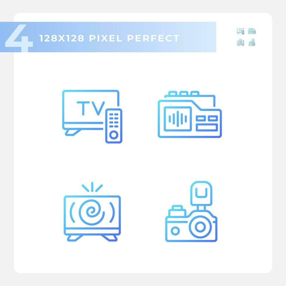 2D pixel perfect simple collection of gradient icons representing journalism, thin linear blue ...