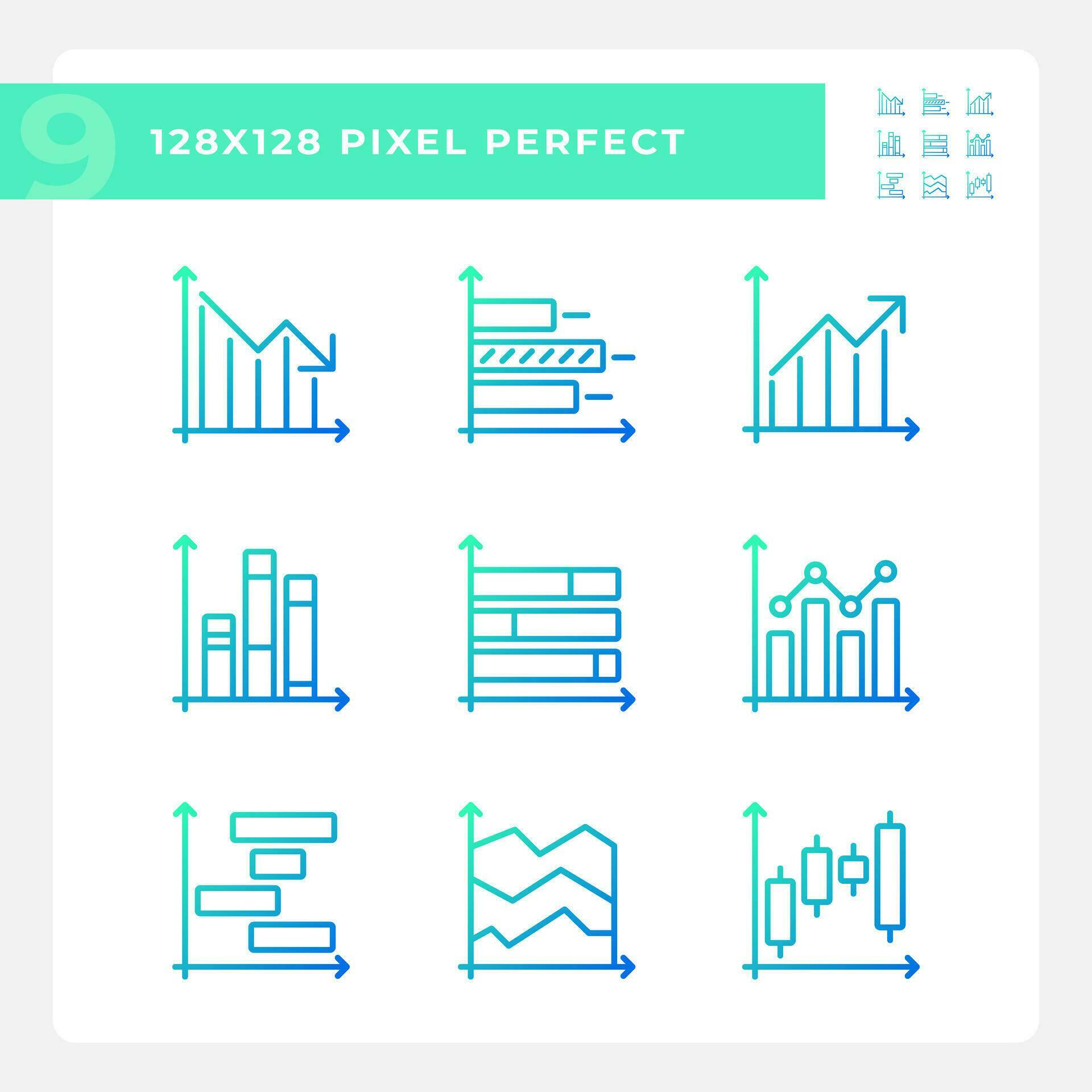 Trend charts gradient linear vector icons set. Financial planning. Data analysis. Investment ...