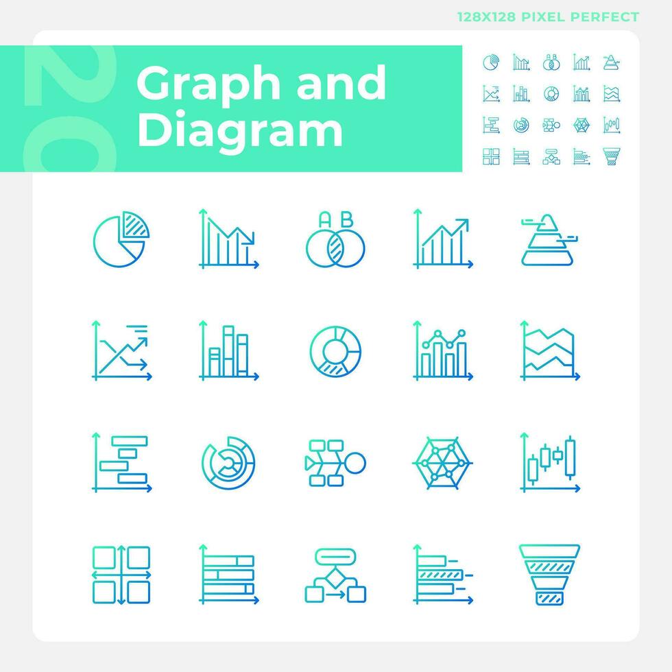 Graph and diagram gradient linear vector icons set. Data visualization. Information display ...