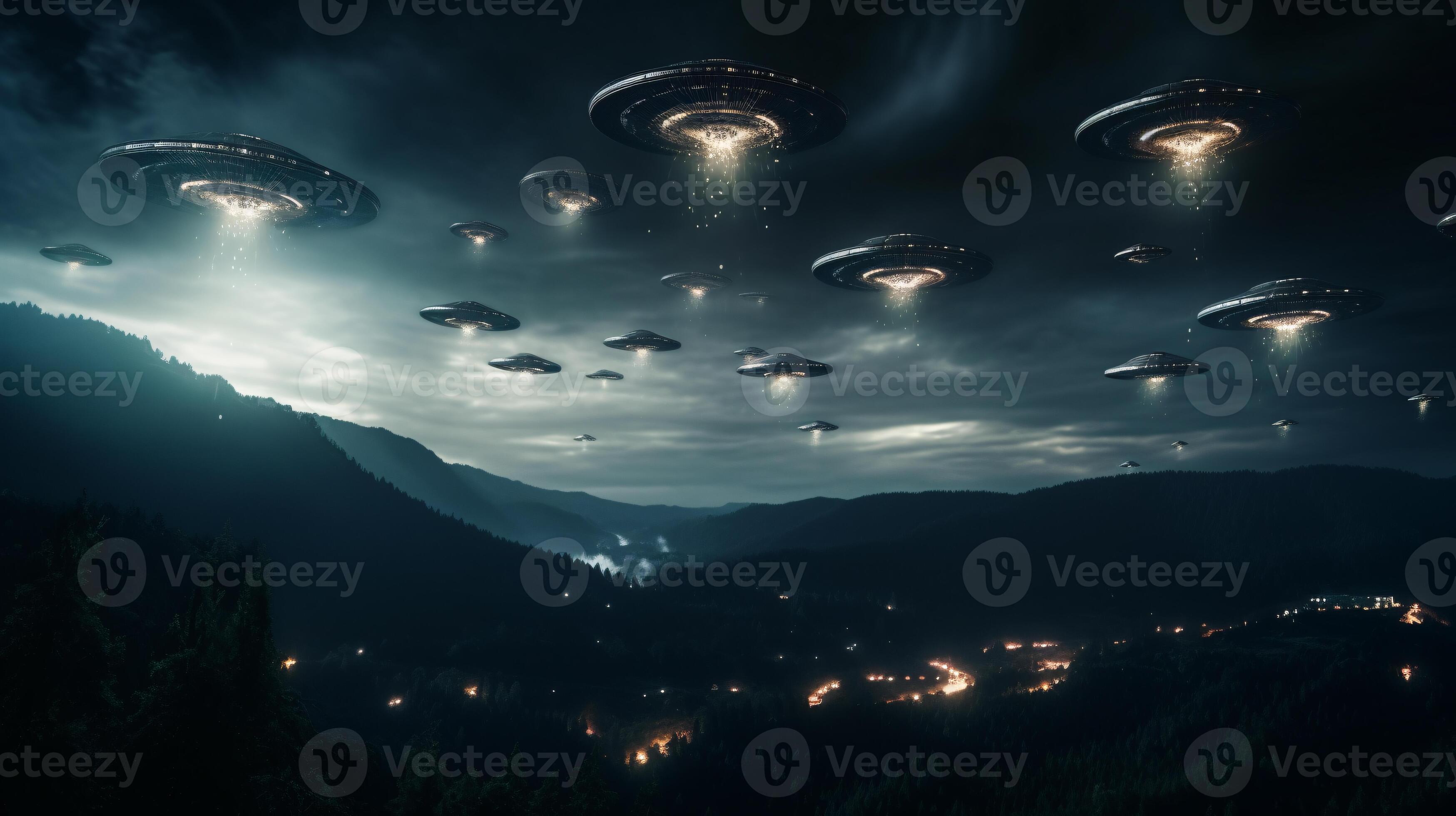 Dramatic depiction of a UFO fleet in the night sky signaling a possible alien encounter AI ...
