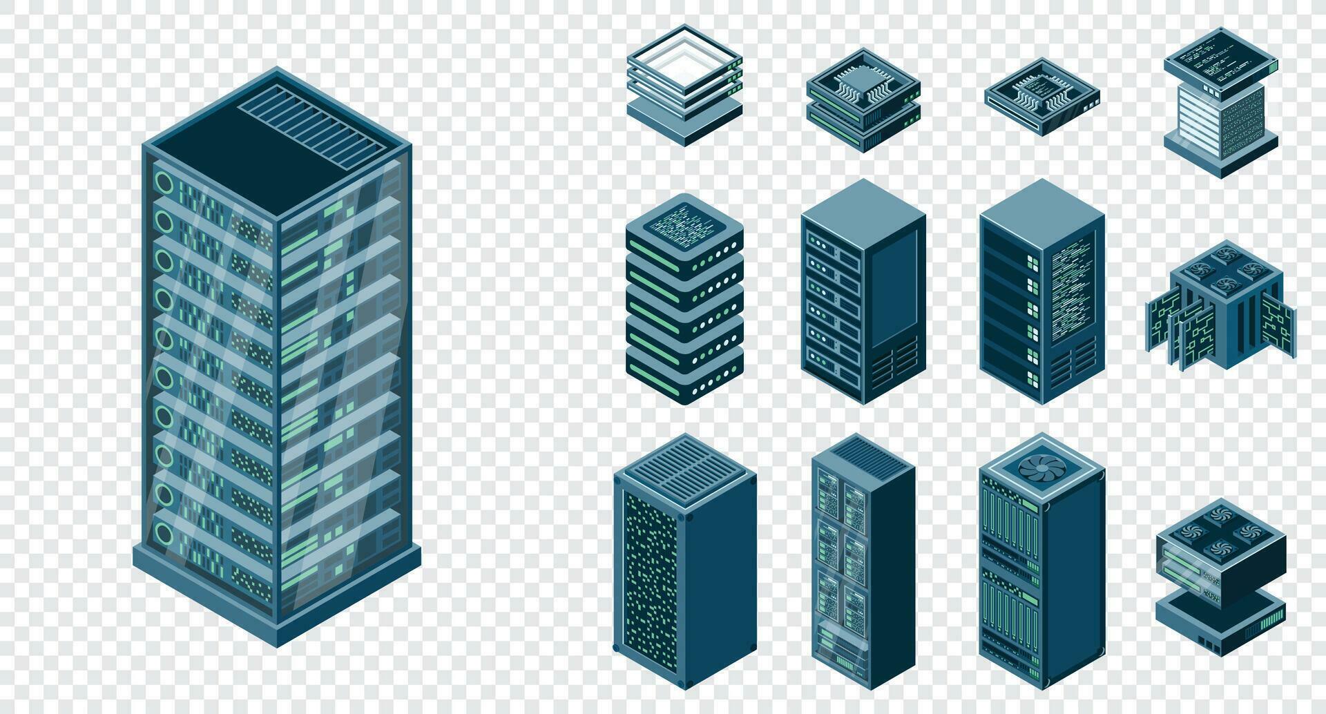 Set of isometric server racks. Server isometric set. Digital technology ...