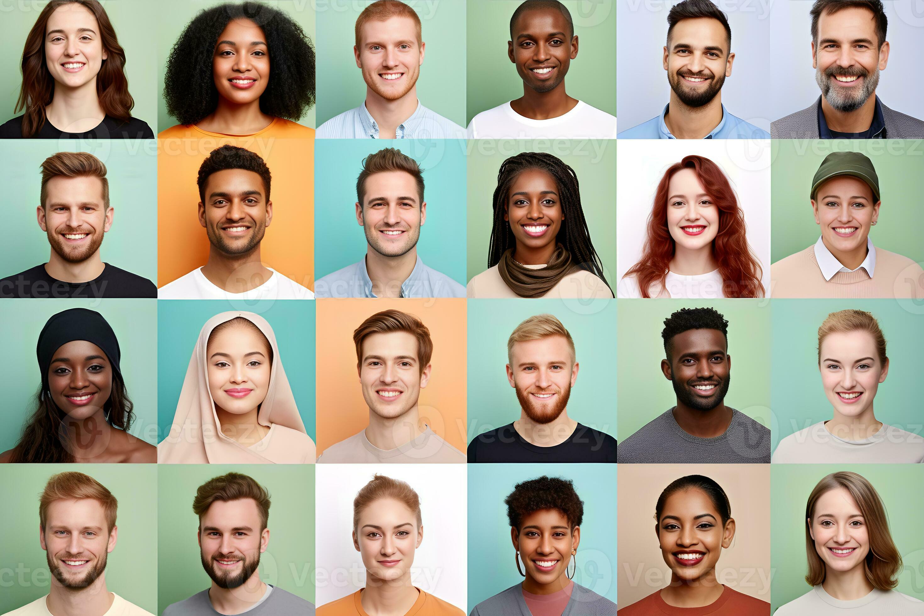Collage of portraits and faces of smiling multiracial group of various ...