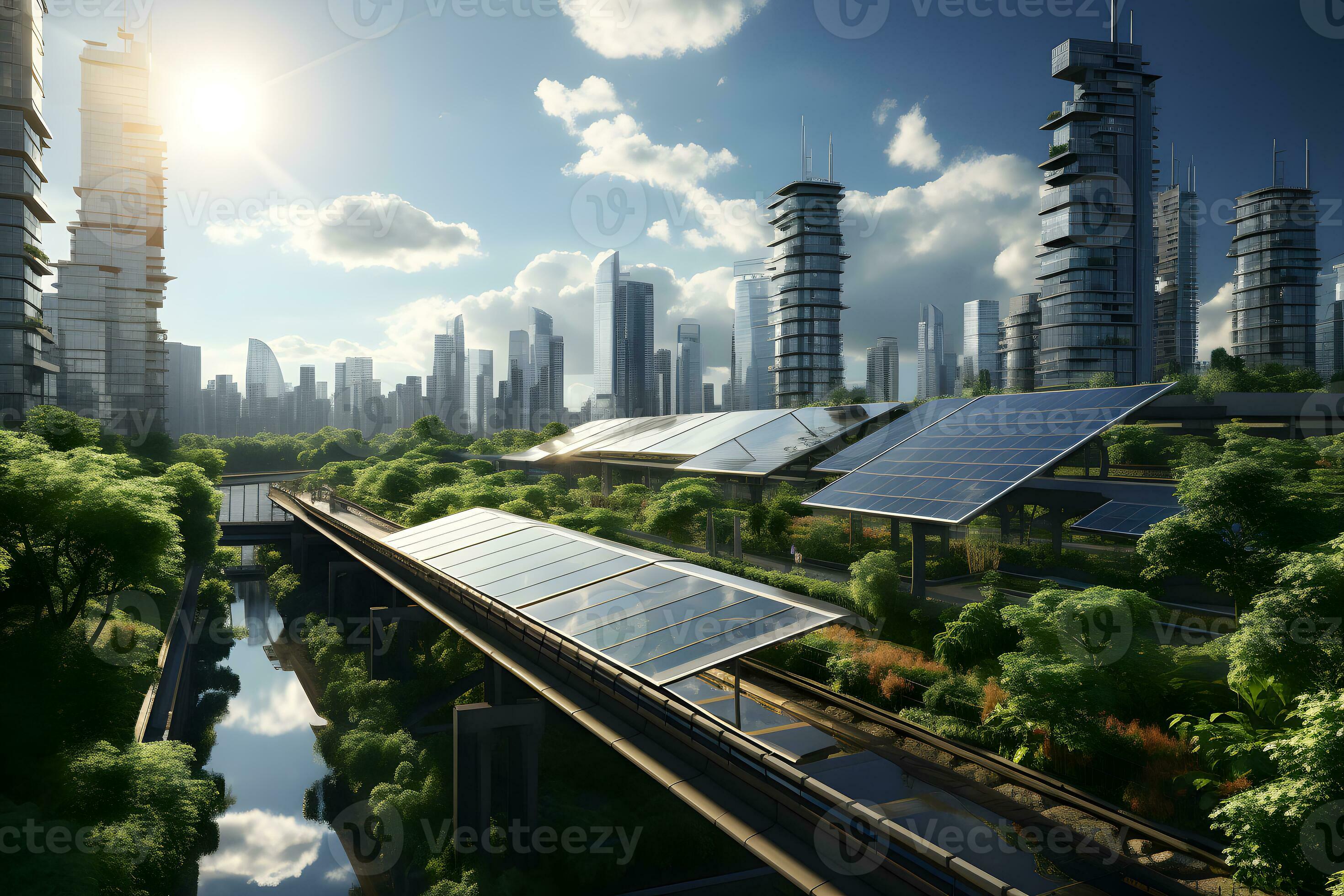 Solar panels on a roof in the city. Green rooftop garden with renewable ...