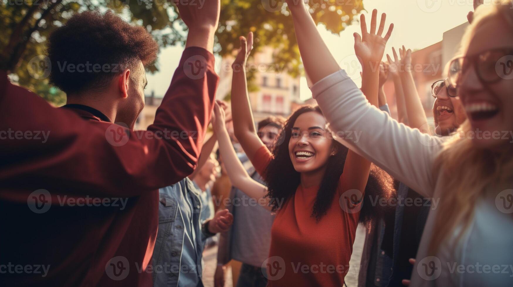 Celebratory High Five Moment Among A Diverse Group Of Young People With Vibrant Background Ai
