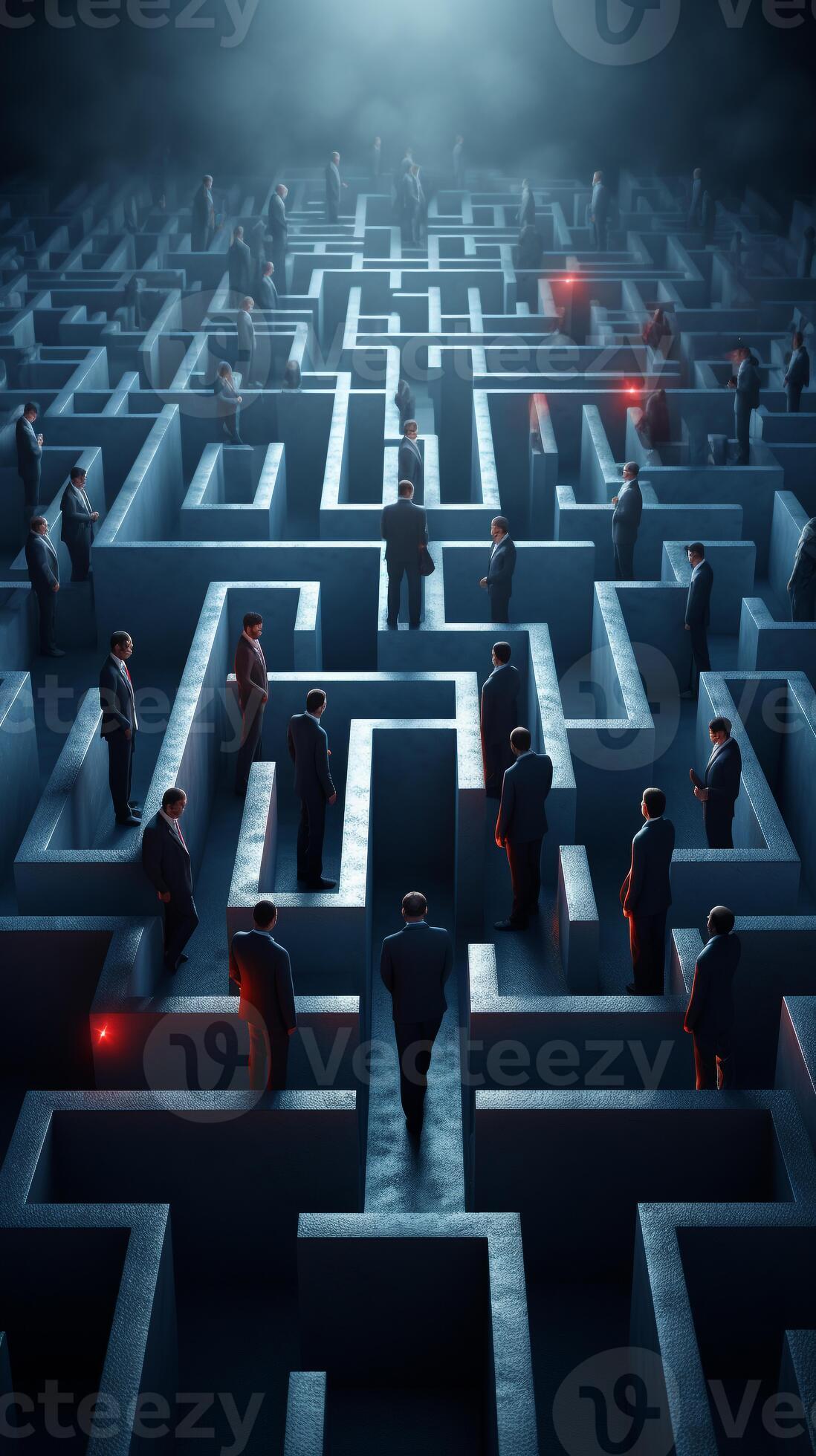 Navigating business challenges depicted by professionals at a 3D maze ... Navigating business challenges depicted by professionals at a 3D maze ...