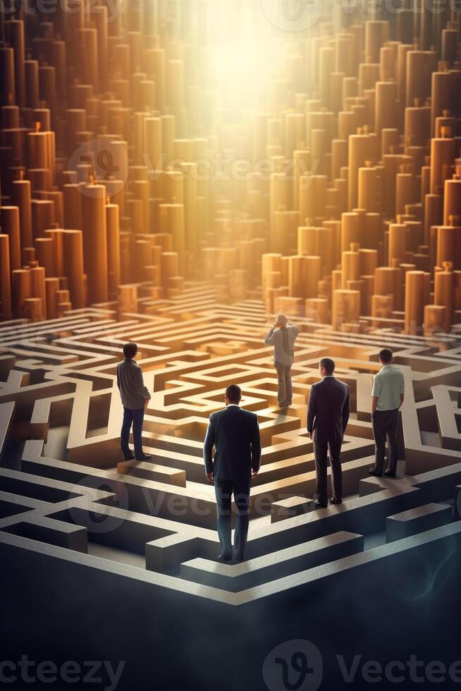 Navigating business challenges depicted by professionals at a 3D maze ... Navigating business challenges depicted by professionals at a 3D maze ...