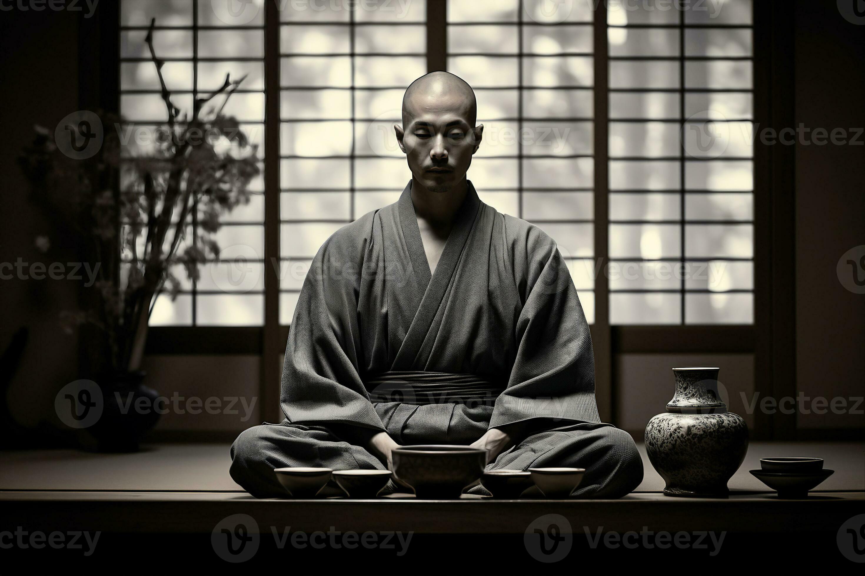 Front view of a zen monk with shaved head and robes seated in zazen meditation behind a spread ...