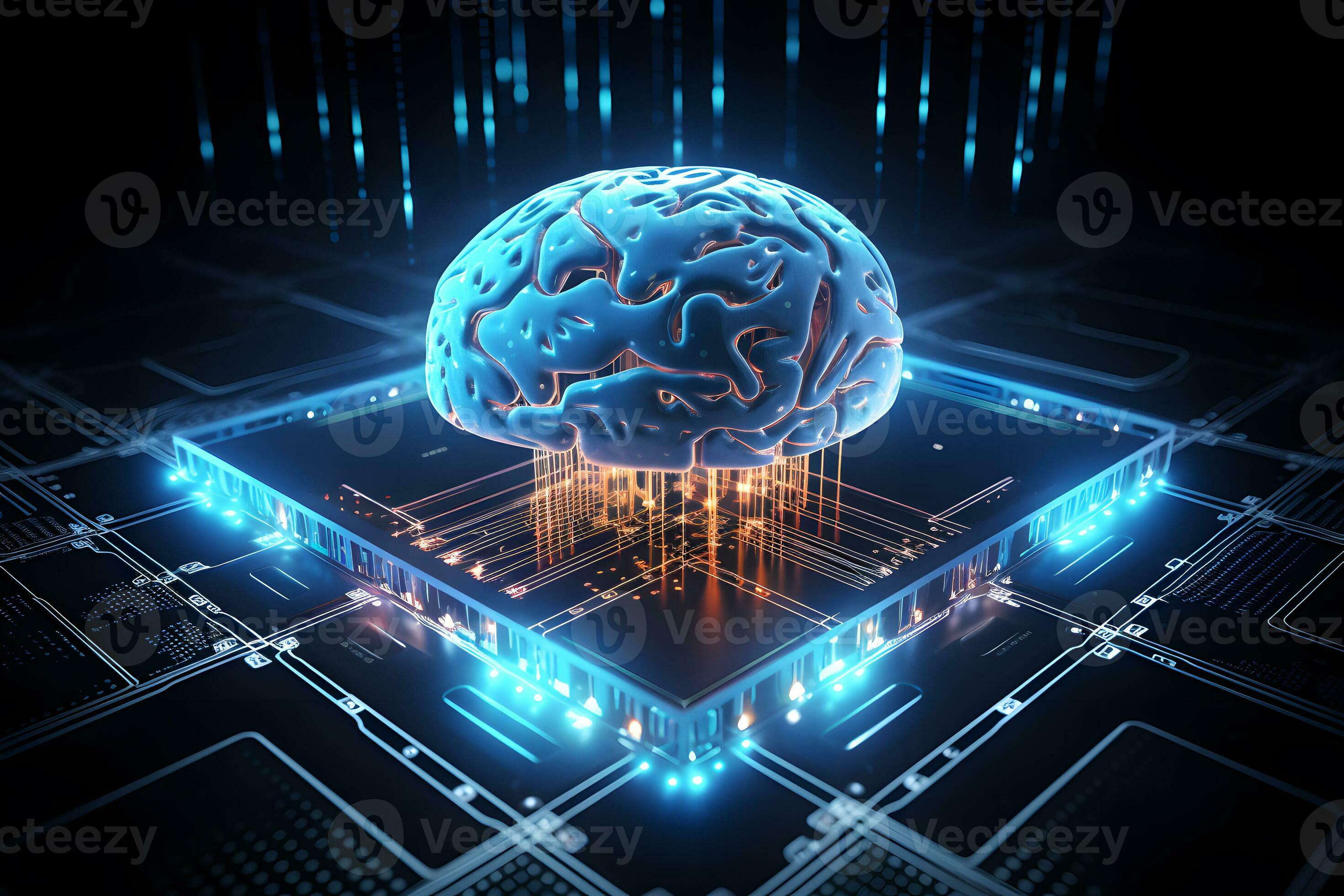 Abstract futuristic human brain with circuit board and mash line to connection. Technology web ...