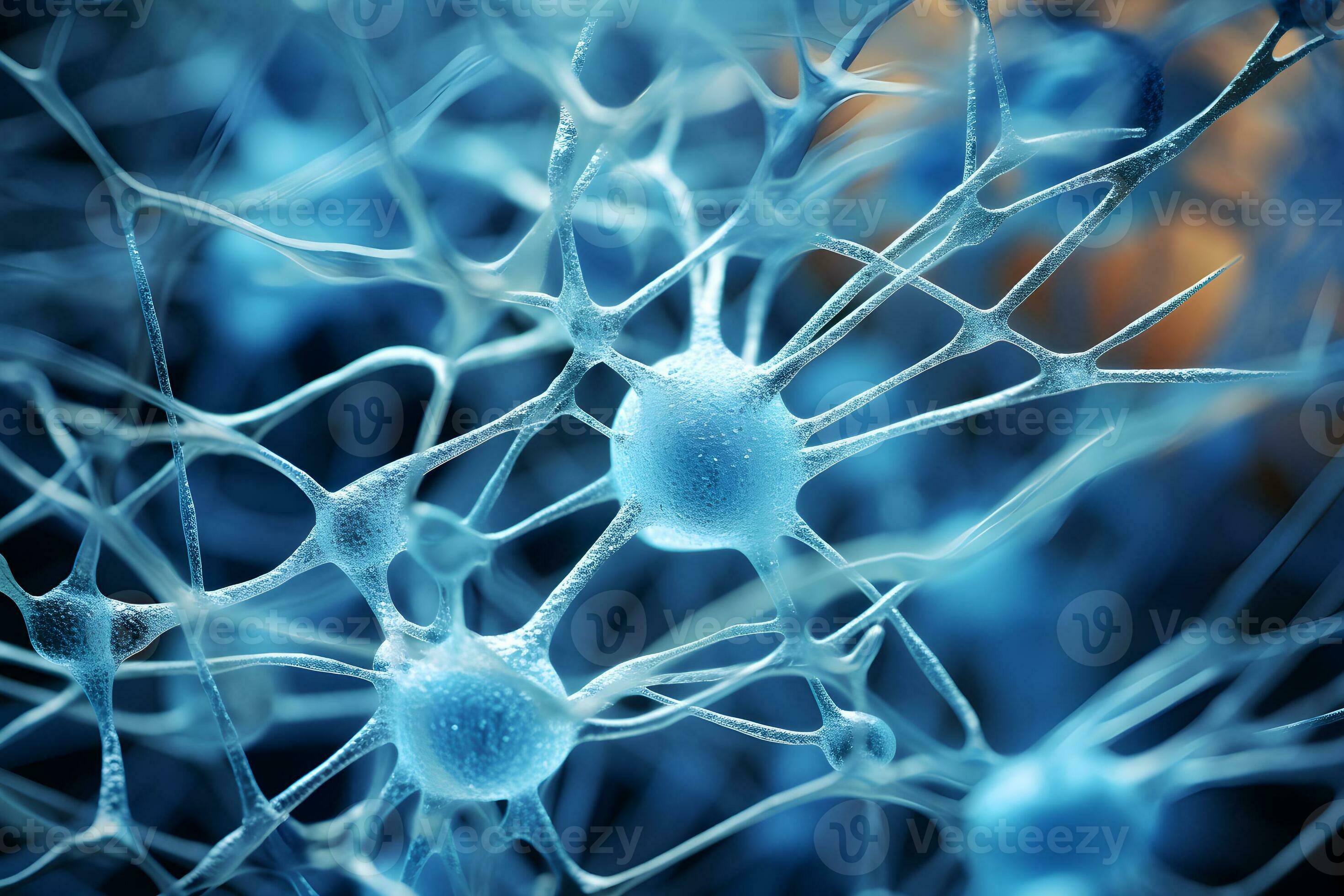Microscopic of Neuron brain cell network. Interconnected nerve cells with electrical pulses ...
