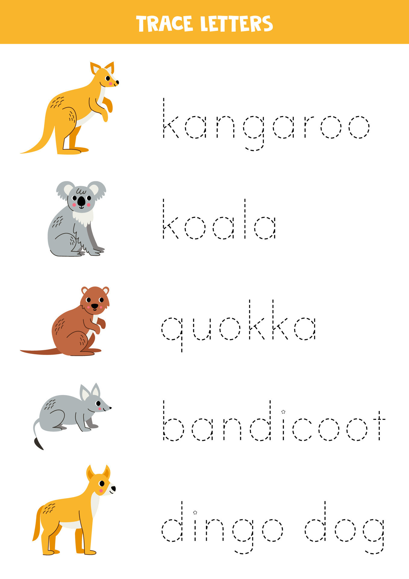 Tracing letters with cute Australian animals. Writing practice ...