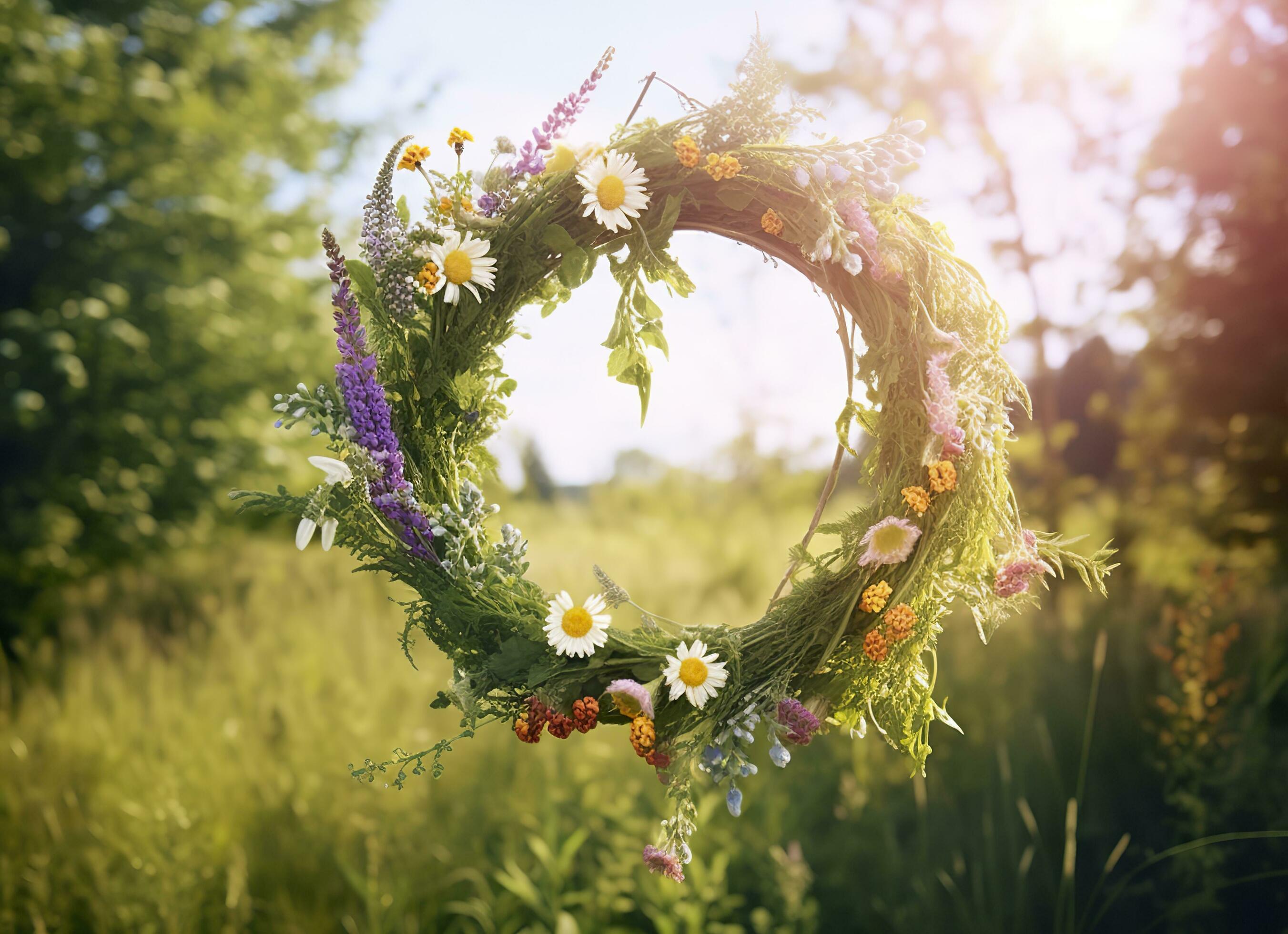 Rustic Wildflowers Wreath On A Sunny Meadow Summer Solstice Day
