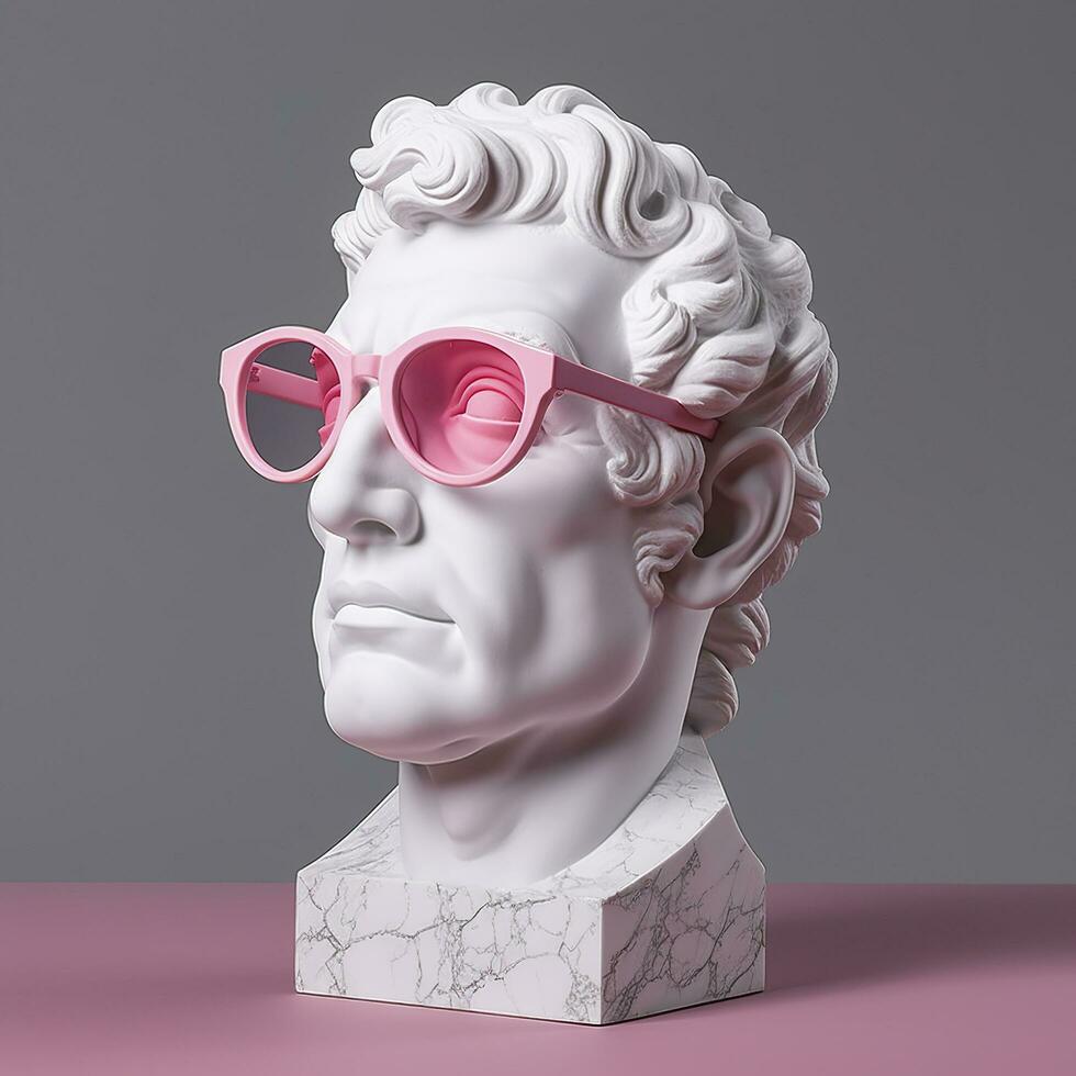 The Head Of A White Mythological Statue With Fashionable Pink Glasses On His Eyes Frame In
